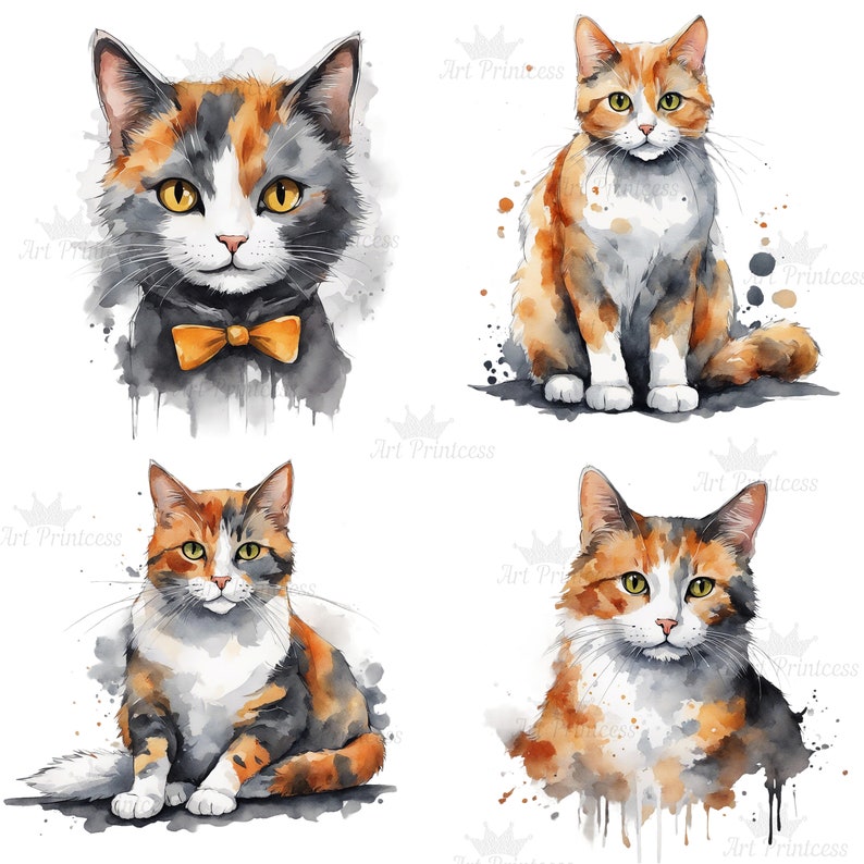 Calico Cat Watercolor Clipart PNG Bundle Cute Baby Cat Clipart Calico ...