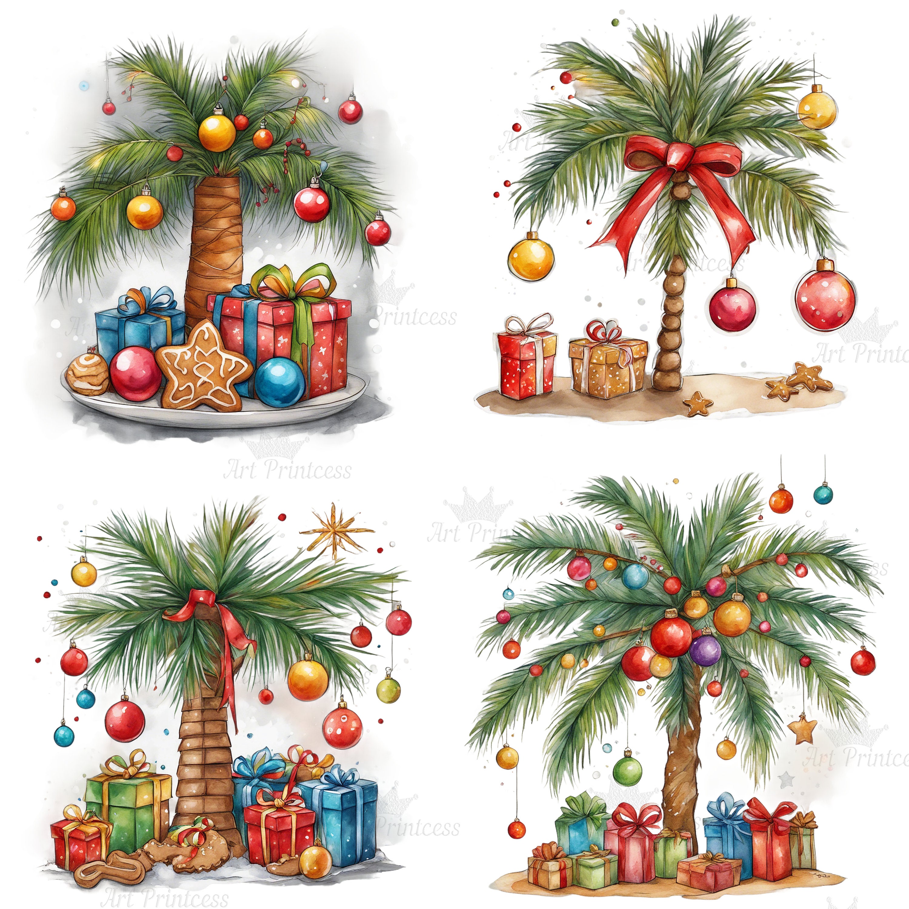 Tropical Christmas Watercolor Palm Tree Clipart PNG Palm Tree Beach ...