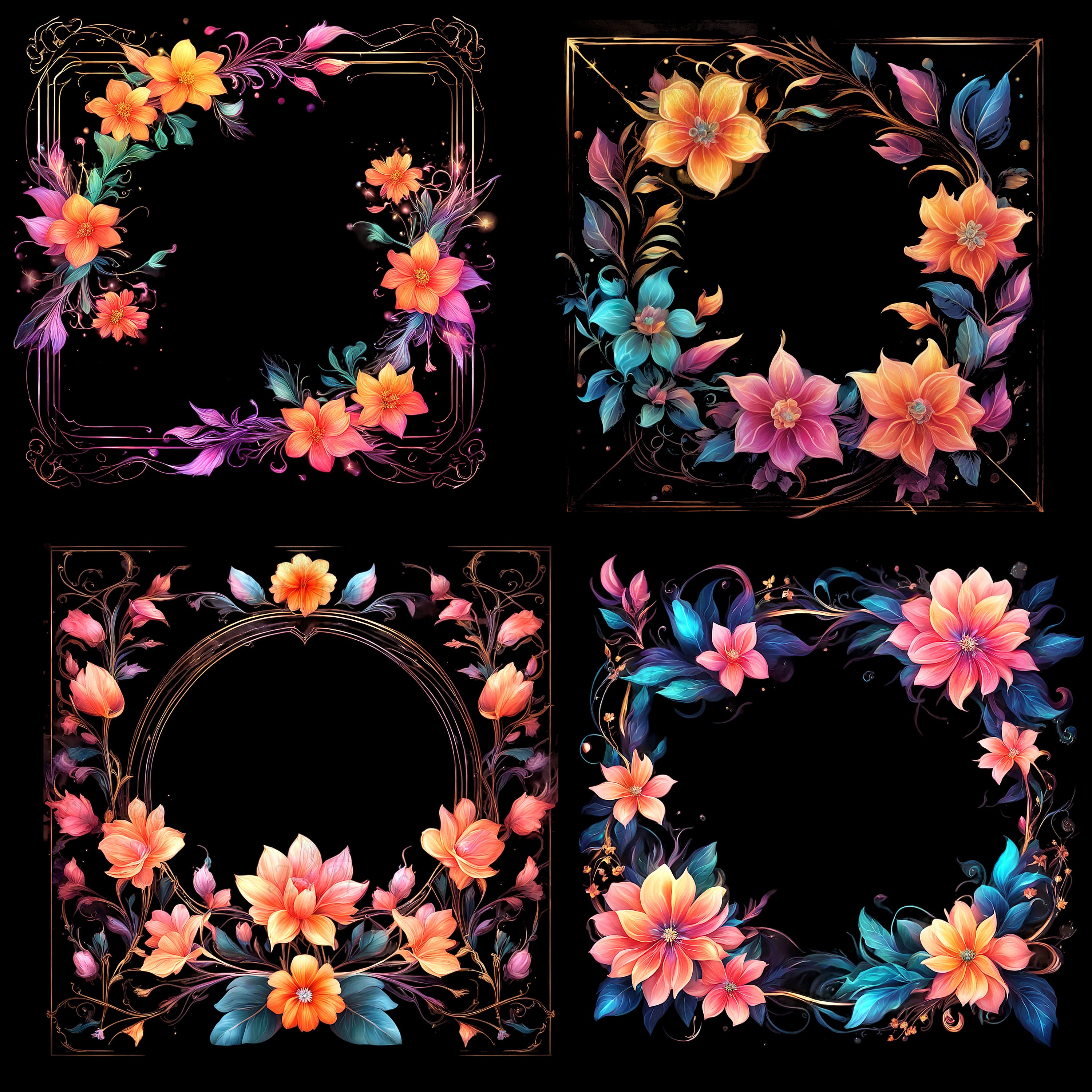 Neon Floral Frames Clipart PNG Neon Elements Clipart Glowing Neon ...