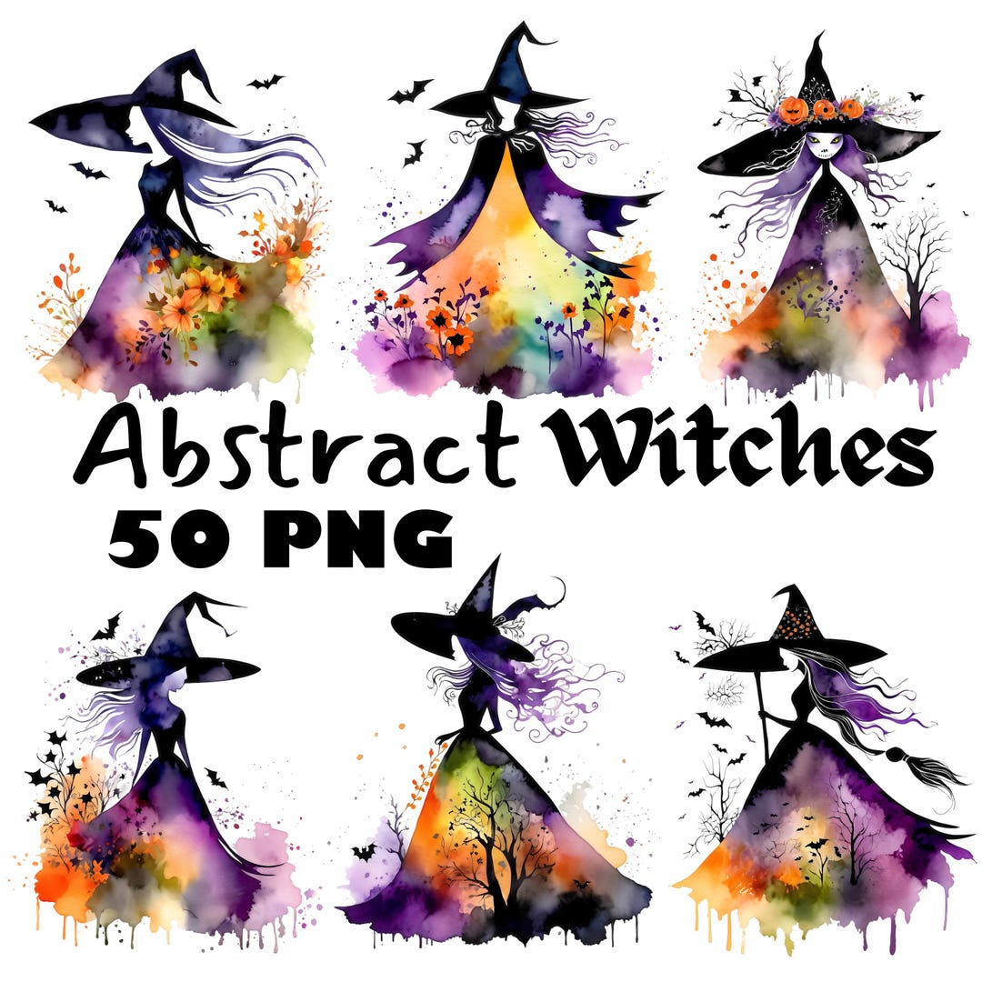 50 Abstract Watercolor Floral Halloween Witch Clipart Bundle Digital ...