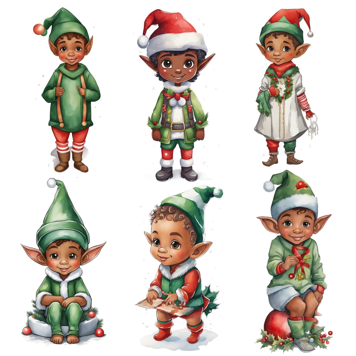 Afro American Elf Clipart PNG Dark Skin Christmas Elves Digital ...