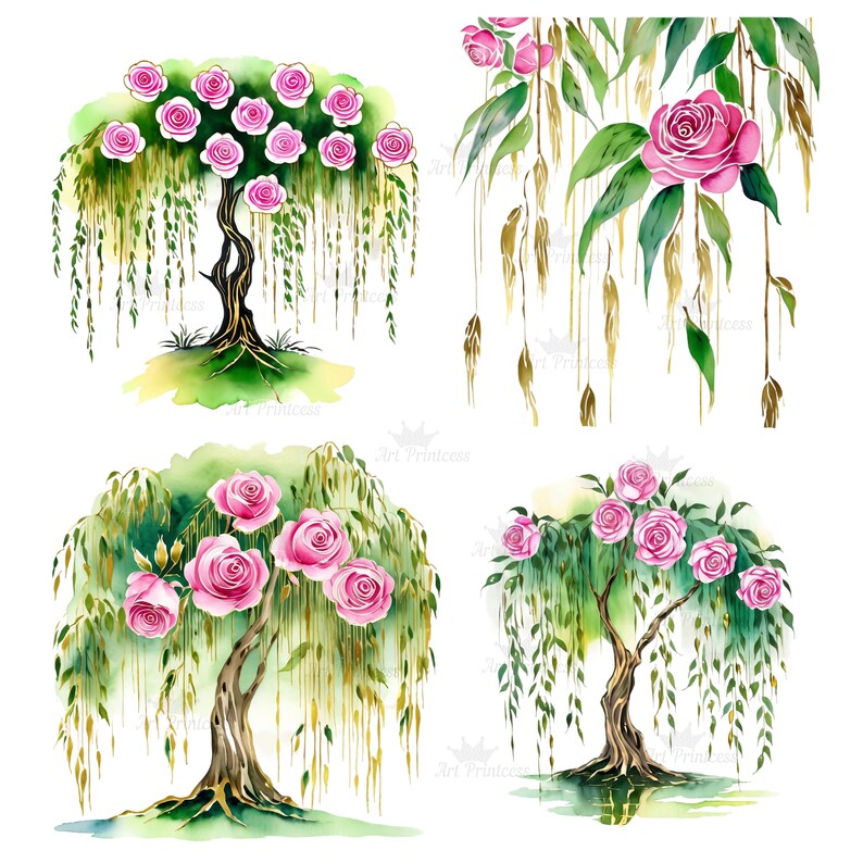 Pink Watercolor Weeping Willow Tree Clipart Transparent Background ...
