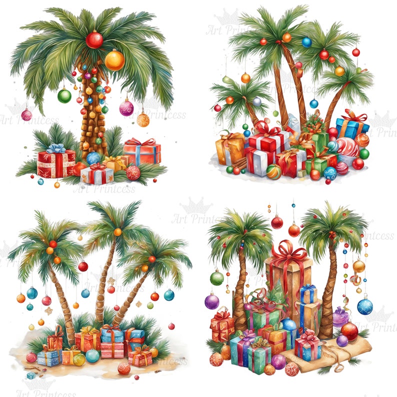 Tropical Christmas Watercolor Palm Tree Clipart PNG Palm Tree Beach ...
