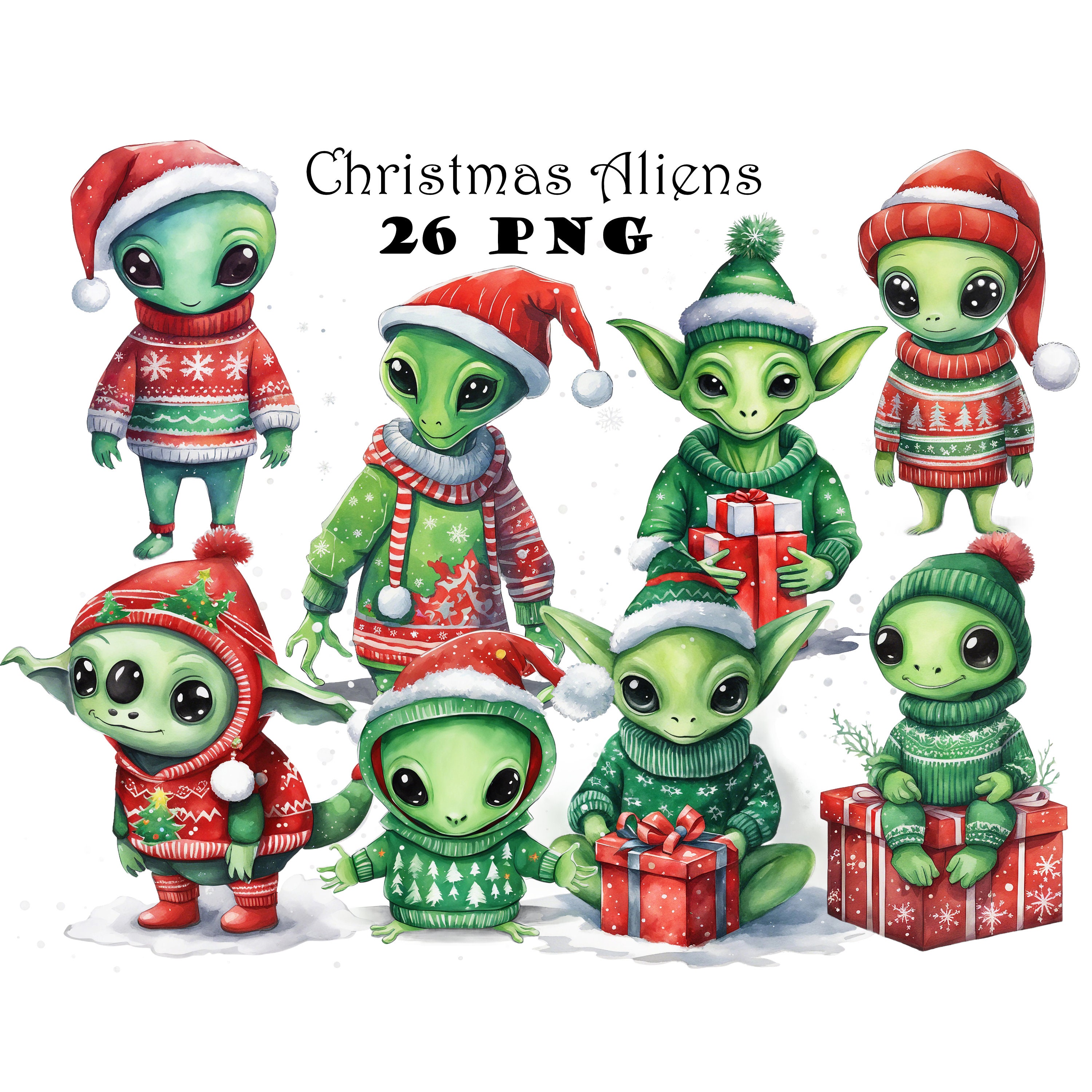 Christmas Aliens Watercolor Clipart PNG Festive Aliens Graphics Holiday ...