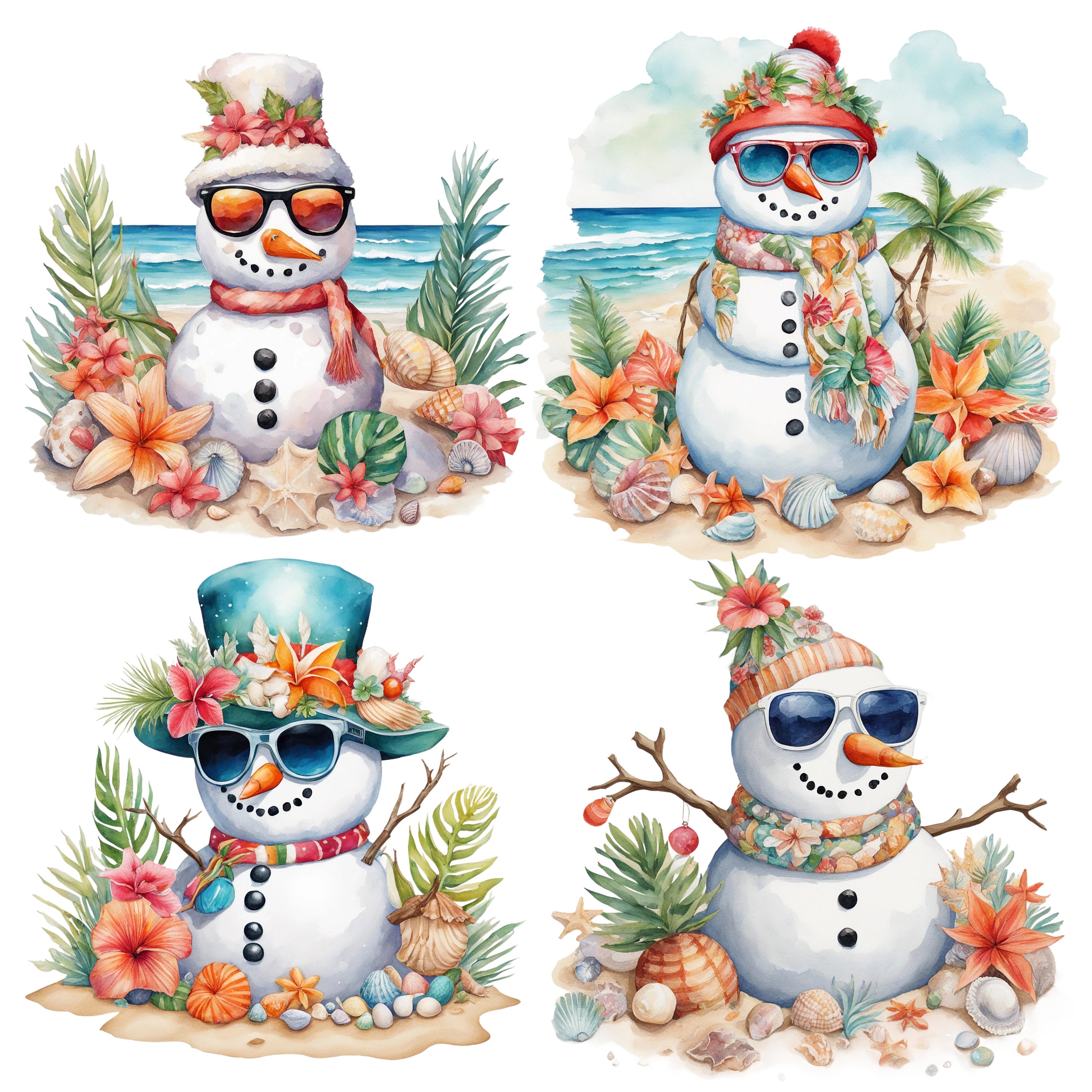 Coastal Tropical Watercolor Snowman Clipart PNG Tropical Winter ...