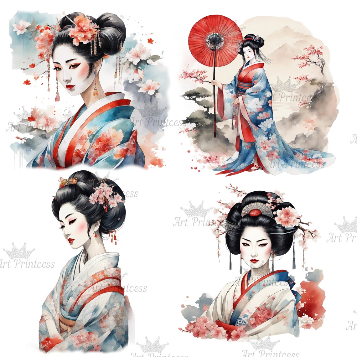50 Geisha Watercolor Clipart PNG Traditional Japanese Geisha Watercolor ...