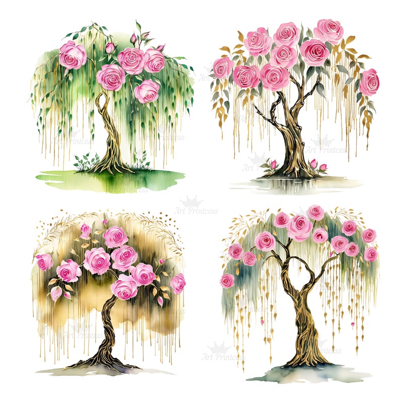 Pink Watercolor Weeping Willow Tree Clipart Transparent Background ...