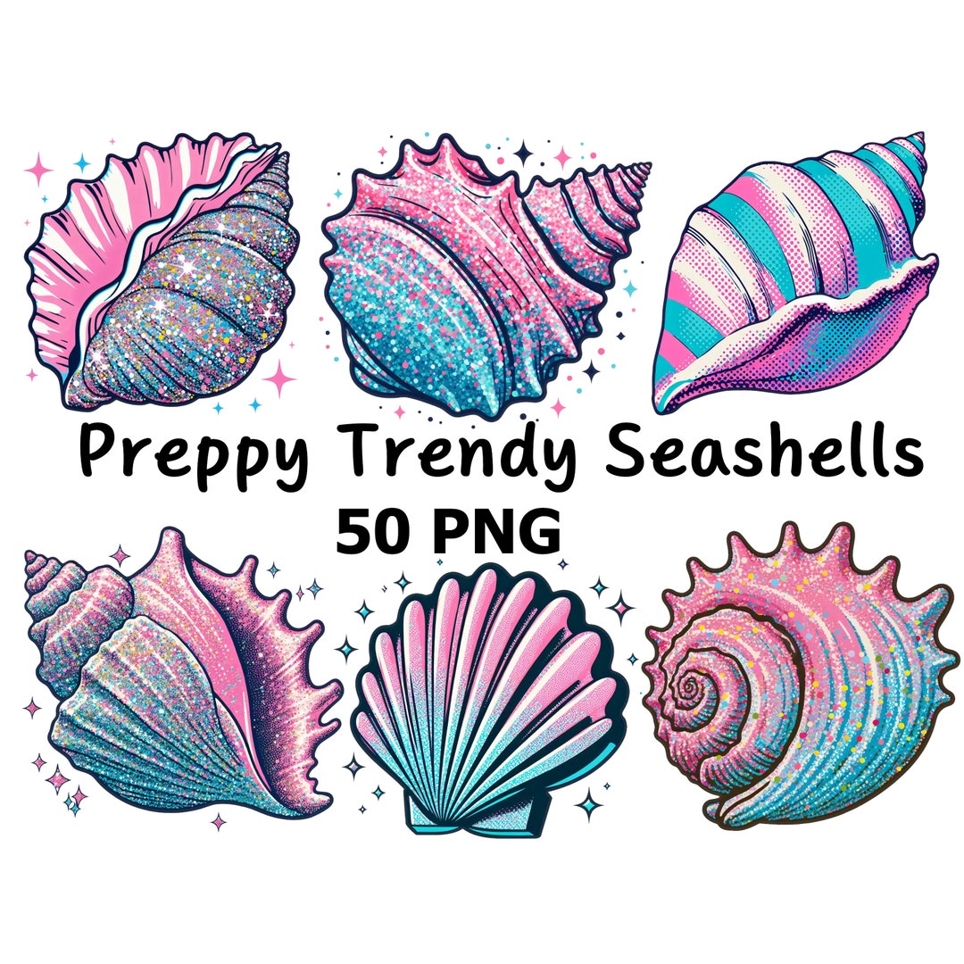 Preppy Seashell Watercolor Clipart PNG Pastel Tropical Glitter Seashell ...