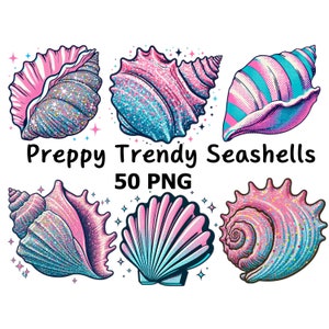 Preppy Seashell Watercolor Clipart PNG Pastel Tropical Glitter Seashell ...