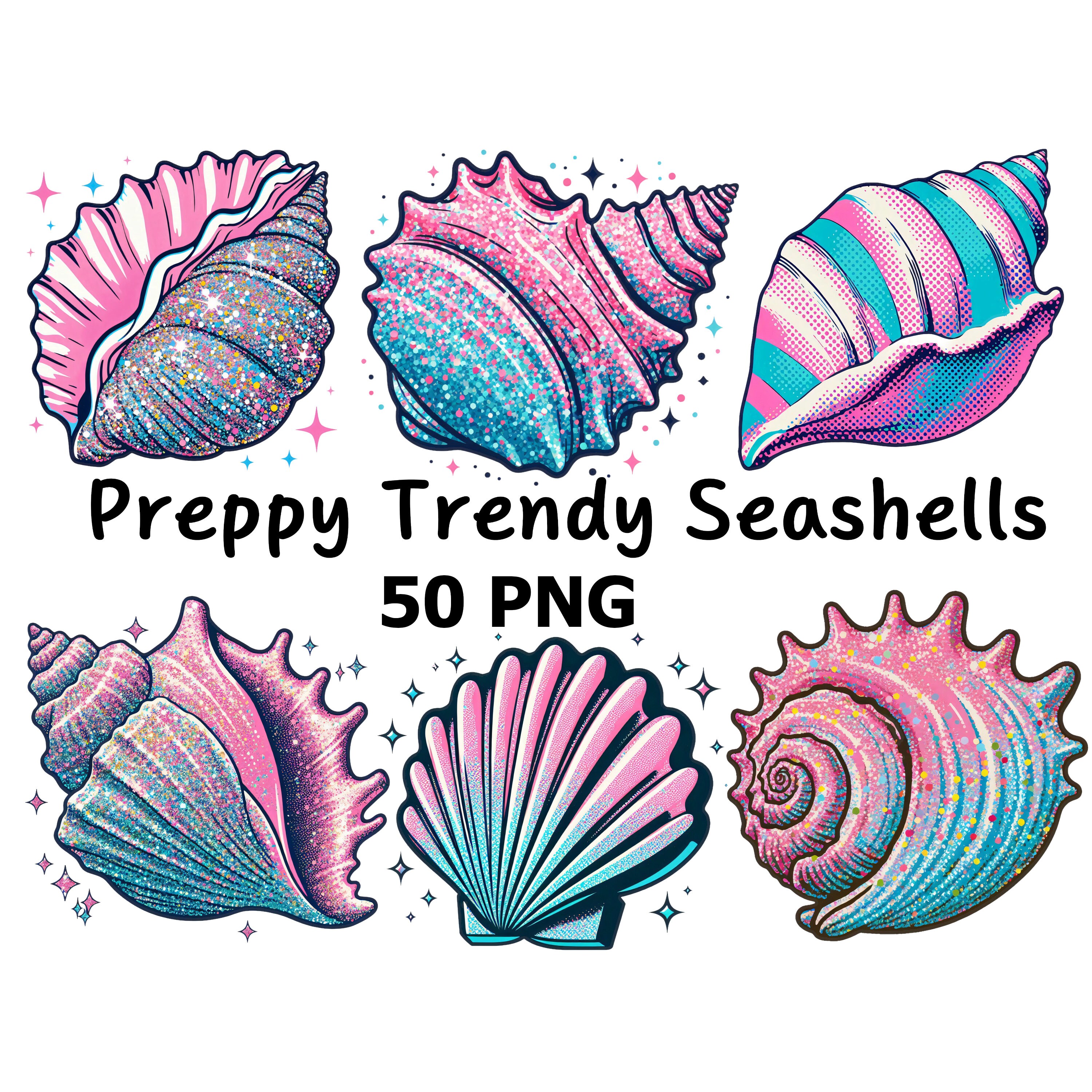 Preppy Seashell Watercolor Clipart PNG Pastel Tropical Glitter Seashell ...
