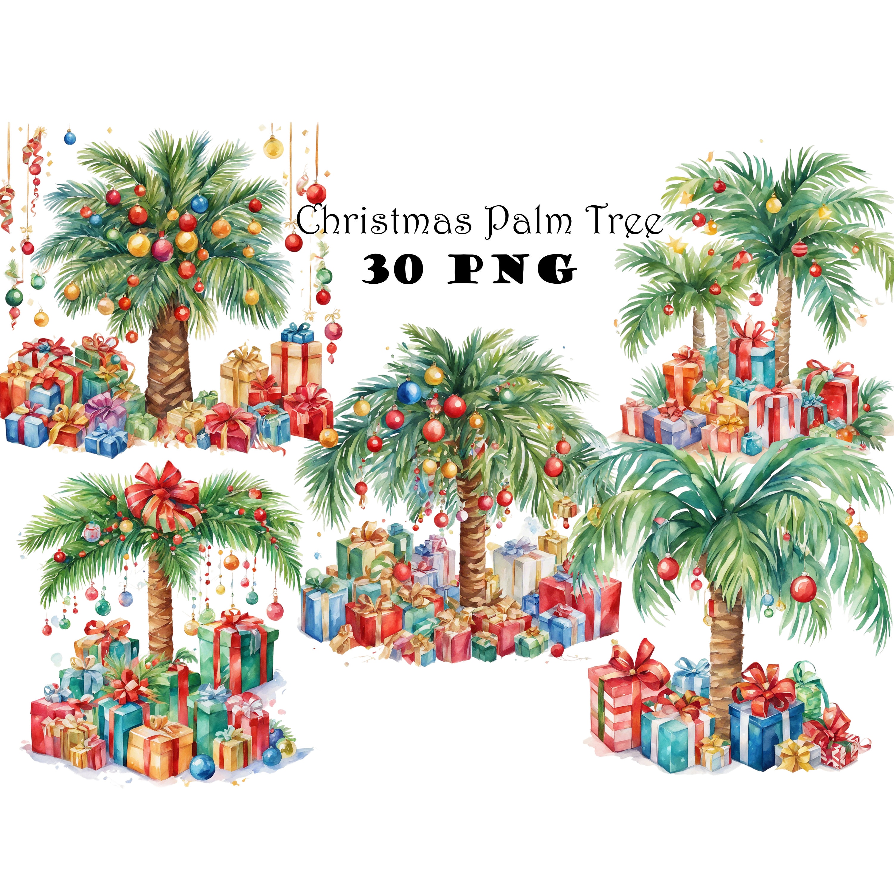 Tropical Christmas Watercolor Palm Tree Clipart PNG Palm Tree Beach ...