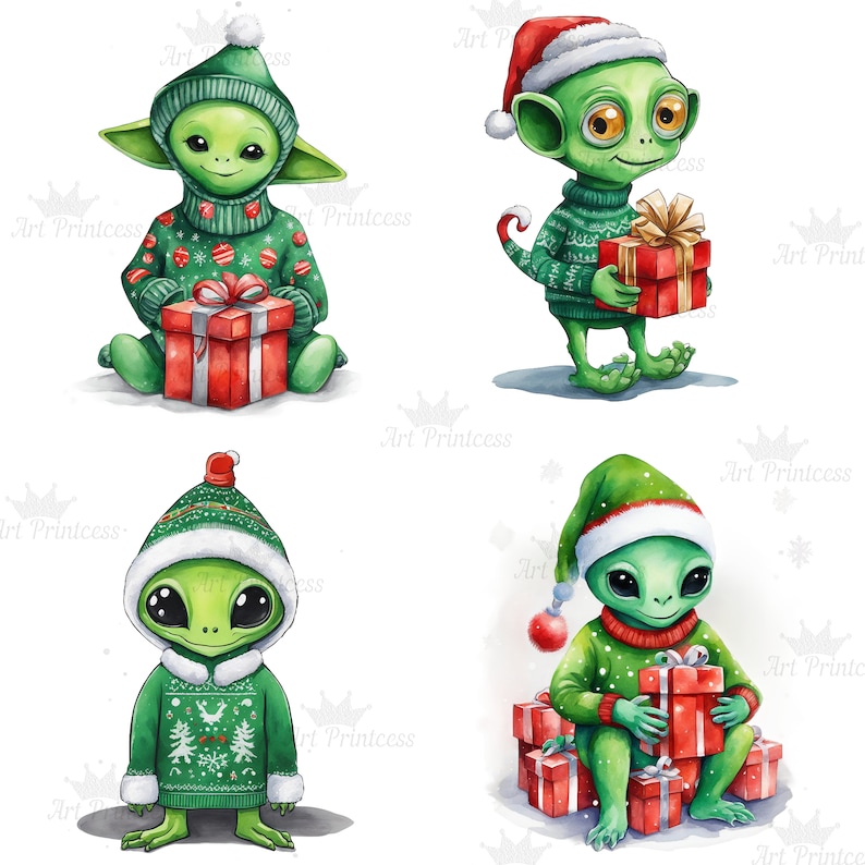Christmas Aliens Watercolor Clipart PNG Festive Aliens Graphics Holiday ...