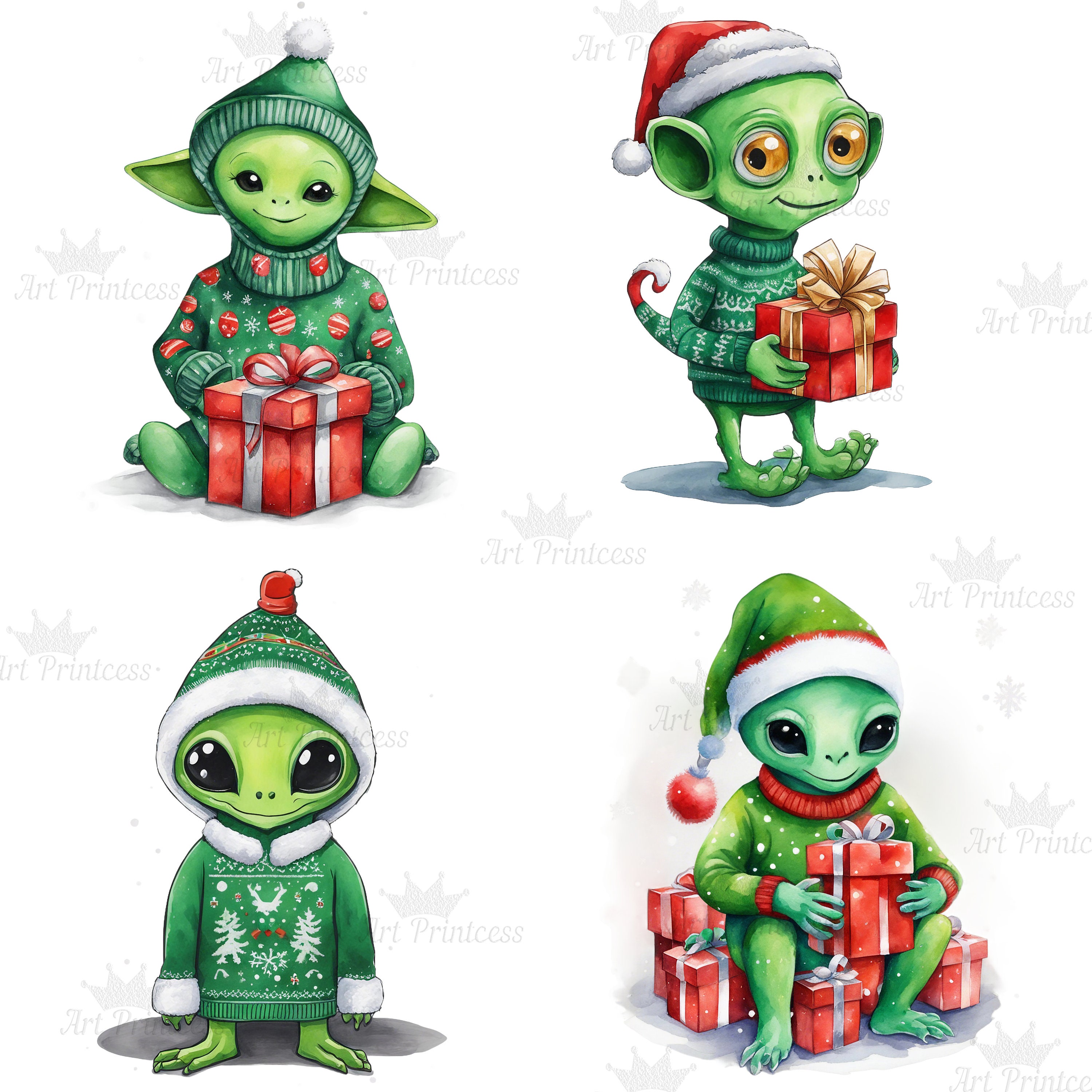 Christmas Aliens Watercolor Clipart PNG Festive Aliens Graphics Holiday ...