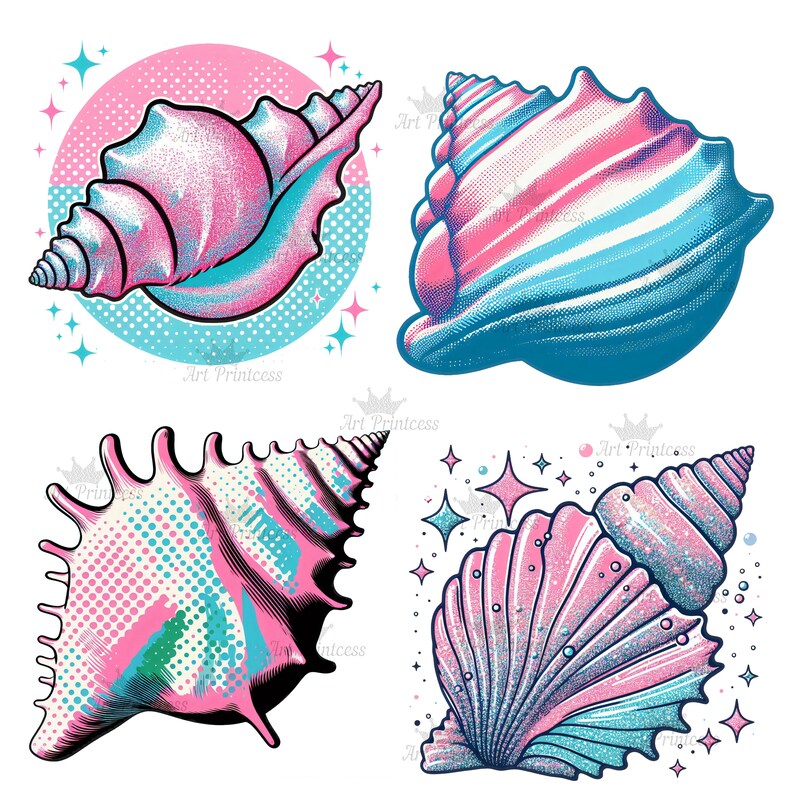 Preppy Seashell Watercolor Clipart PNG Pastel Tropical Glitter Seashell ...