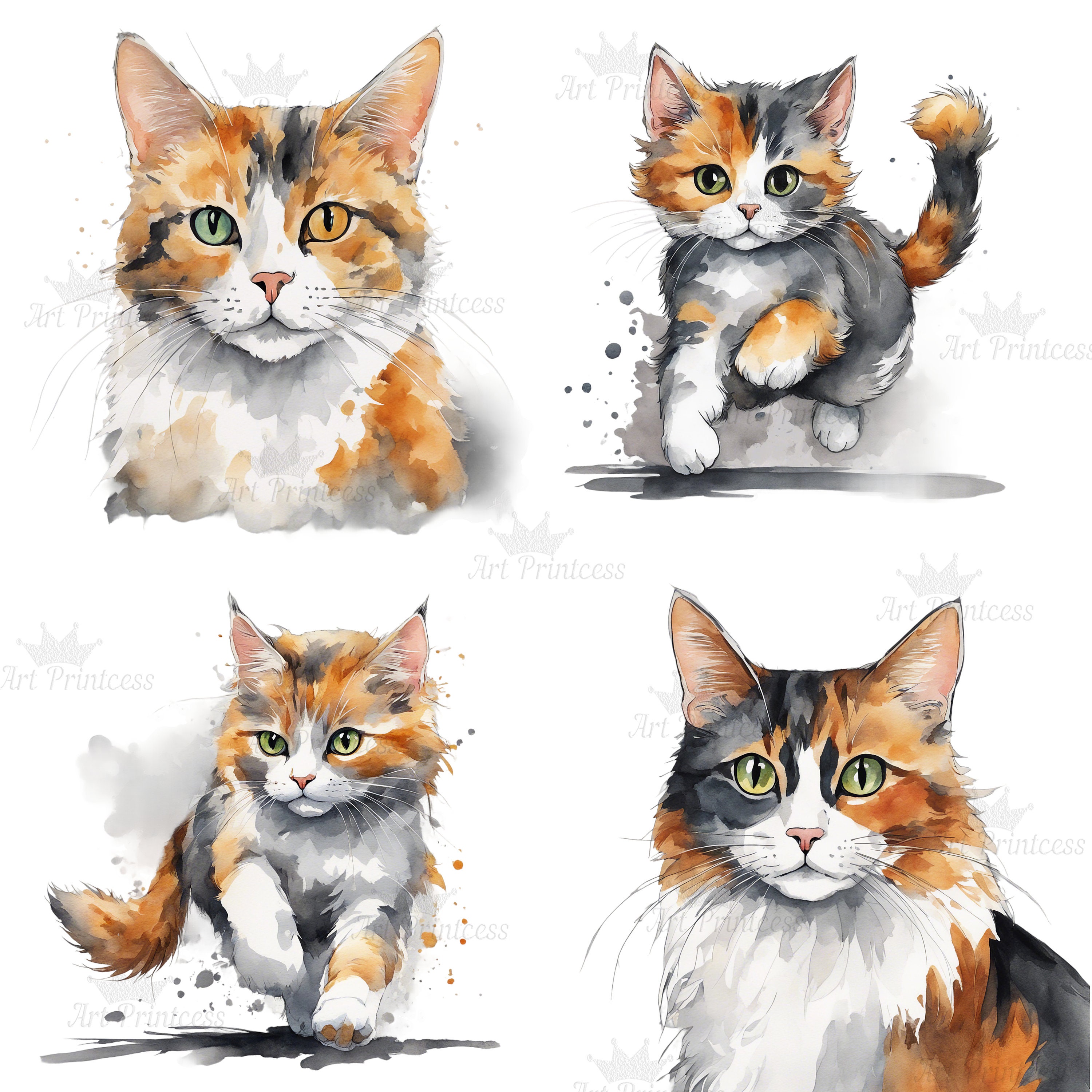 Calico Cat Watercolor Clipart PNG Bundle Cute Baby Cat Clipart Calico ...