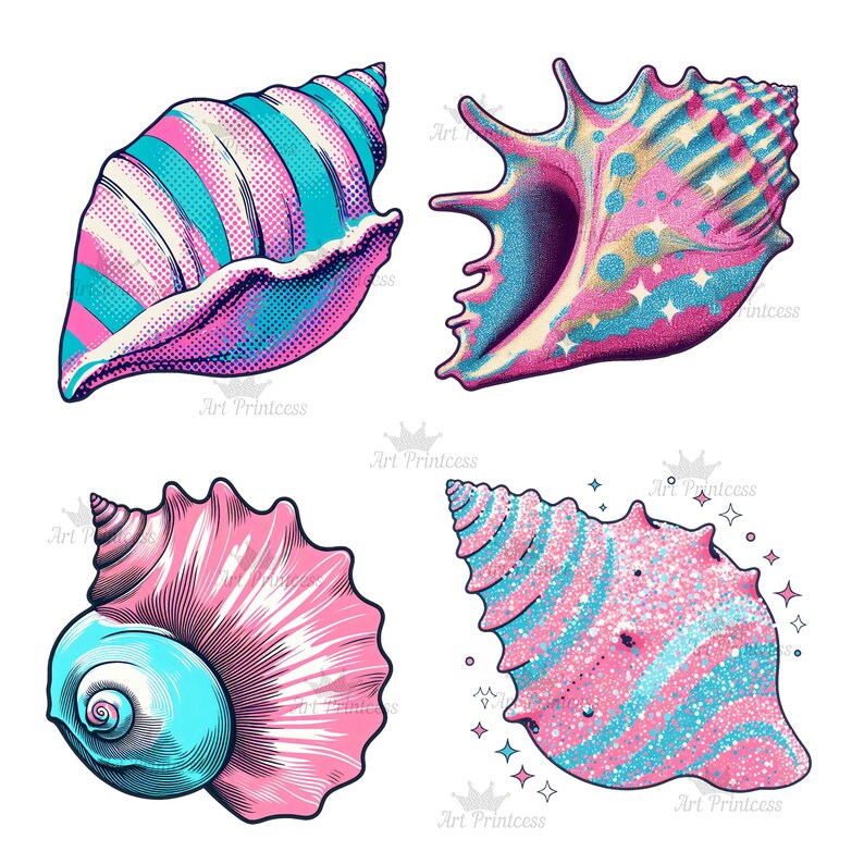 Preppy Seashell Watercolor Clipart PNG Pastel Tropical Glitter Seashell ...