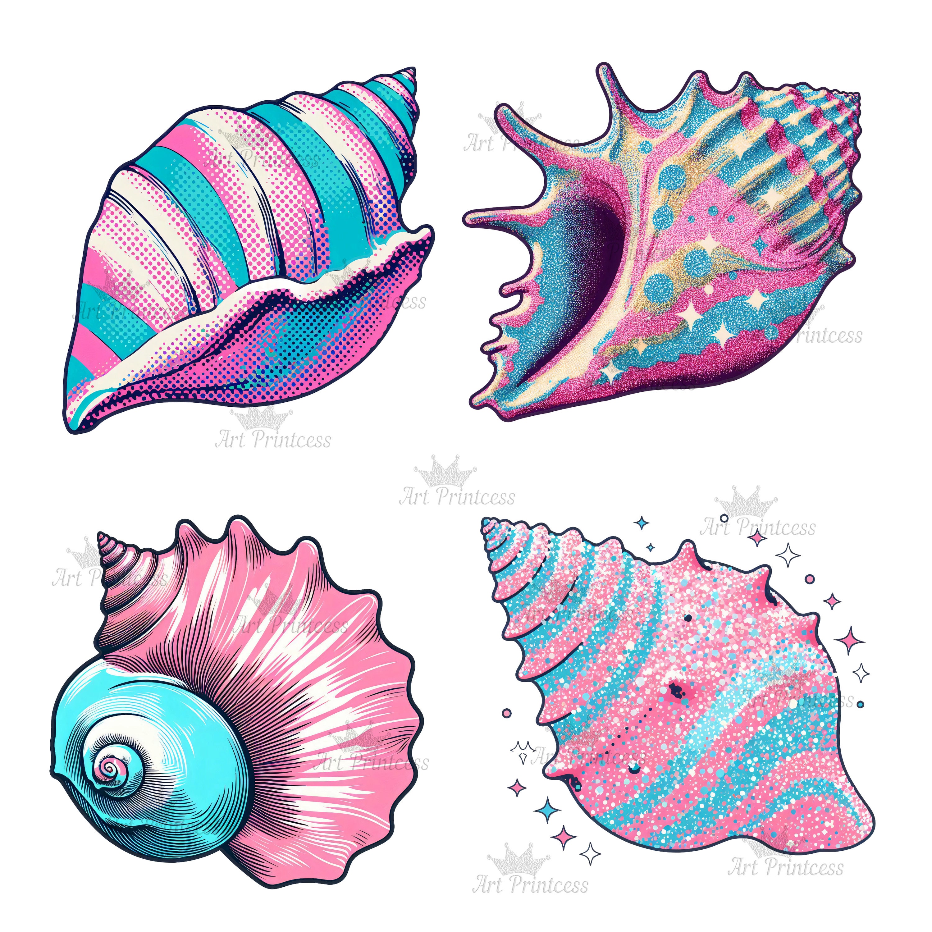 Preppy Seashell Watercolor Clipart PNG Pastel Tropical Glitter Seashell ...