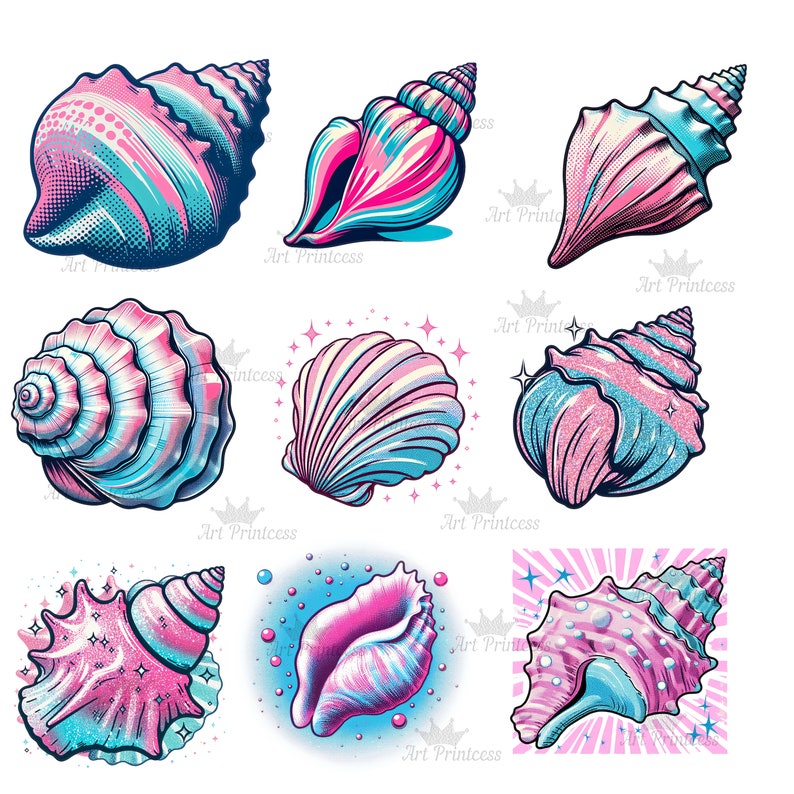 Preppy Seashell Watercolor Clipart PNG Pastel Tropical Glitter Seashell ...