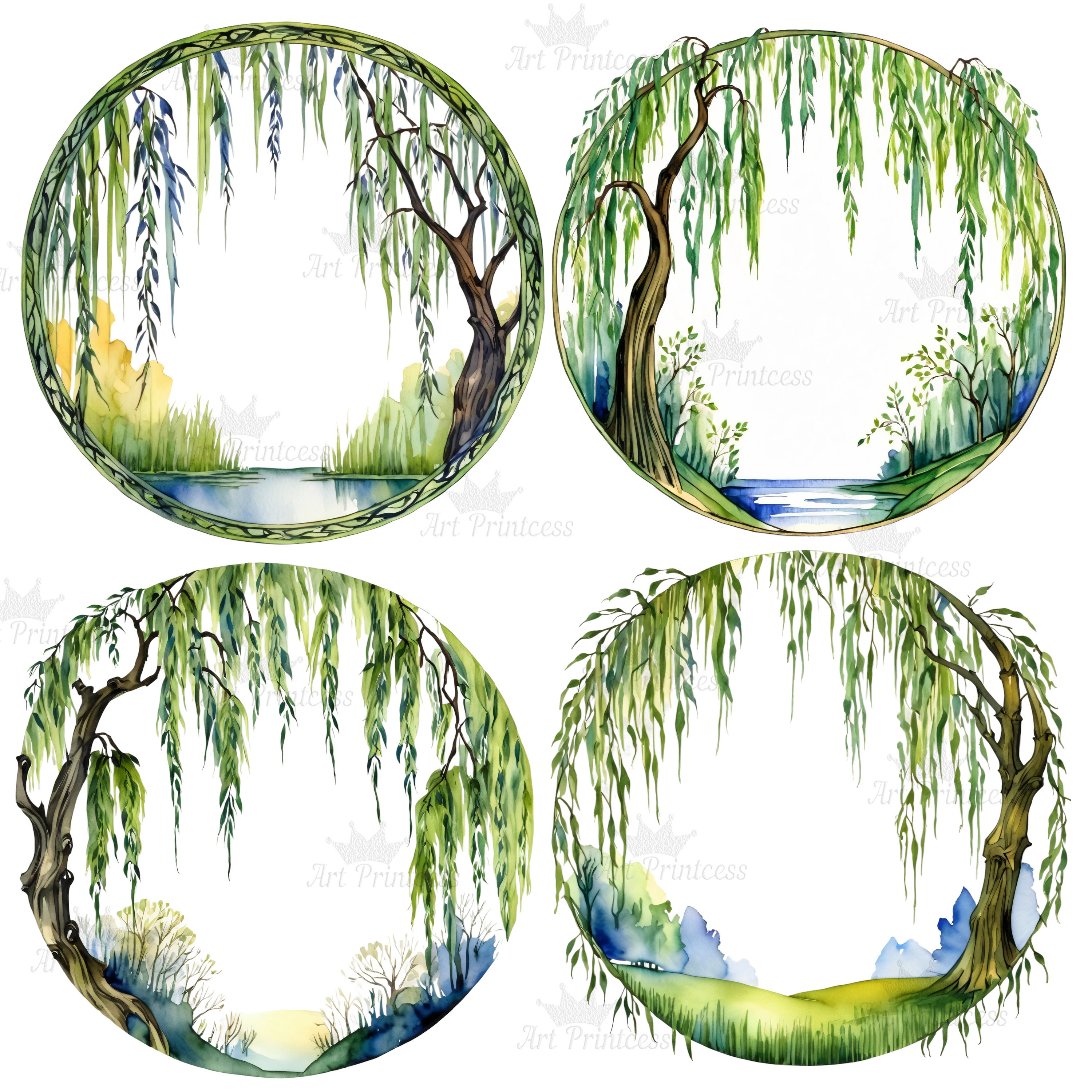Weeping Willow Tree Border Frame Transparent Background Clipart Bundle ...