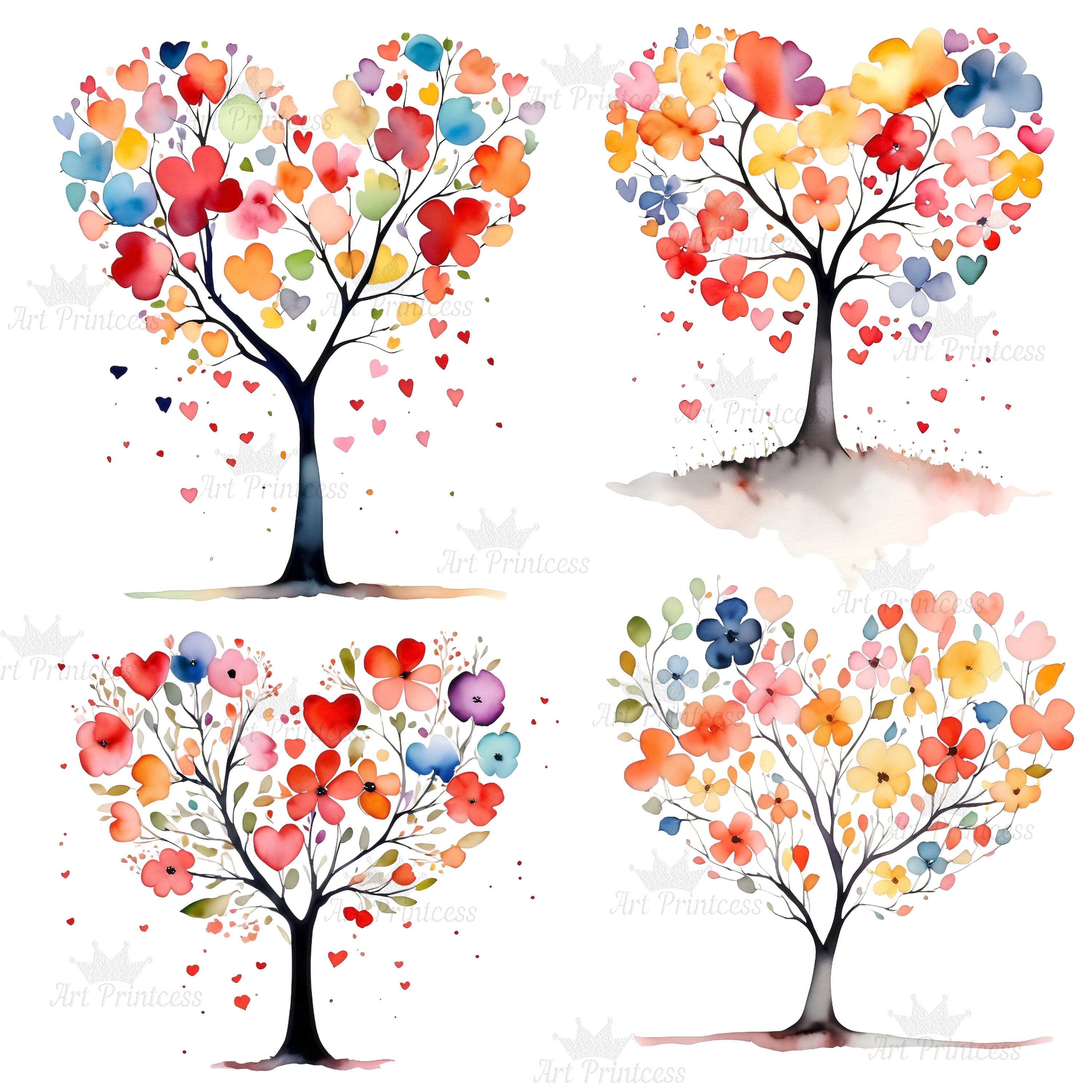 Watercolor Hand Painted Floral Tree Clipart PNG Heart Shaped Colorful ...