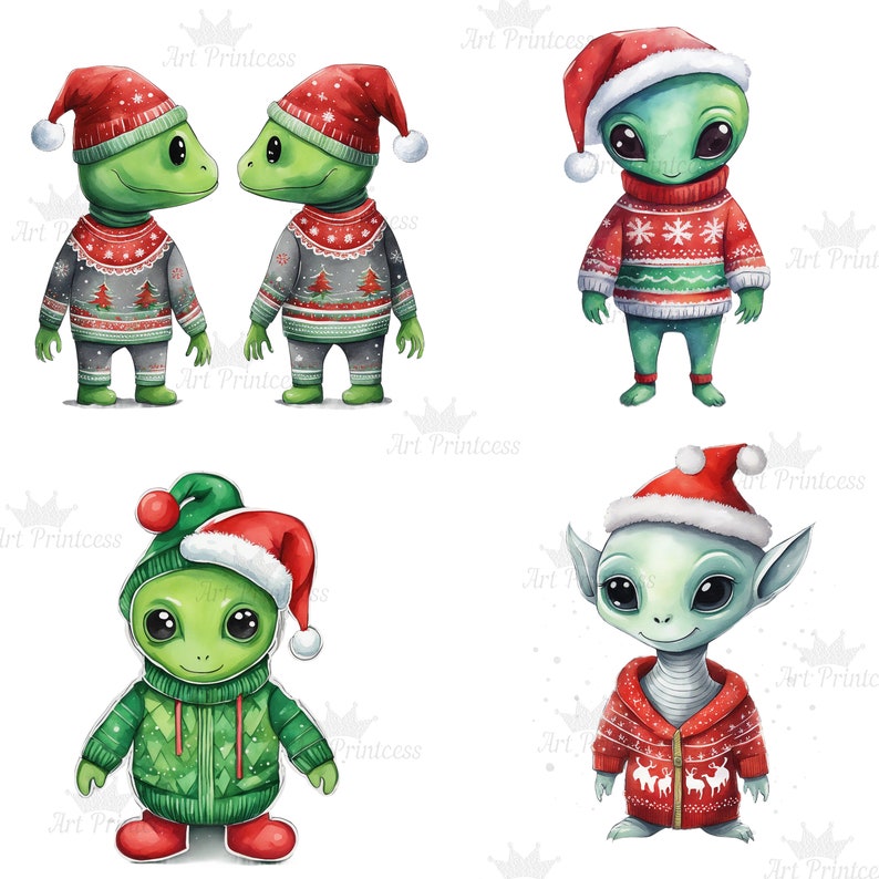 Christmas Aliens Watercolor Clipart PNG Festive Aliens Graphics Holiday ...
