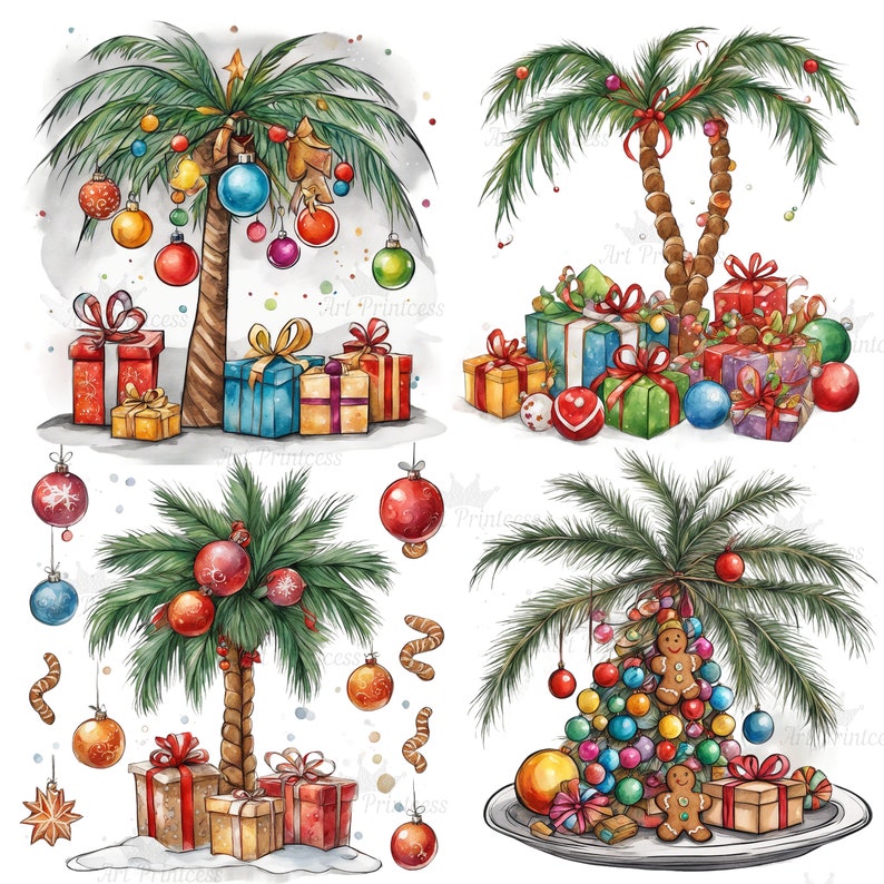 Tropical Christmas Watercolor Palm Tree Clipart PNG Palm Tree Beach ...