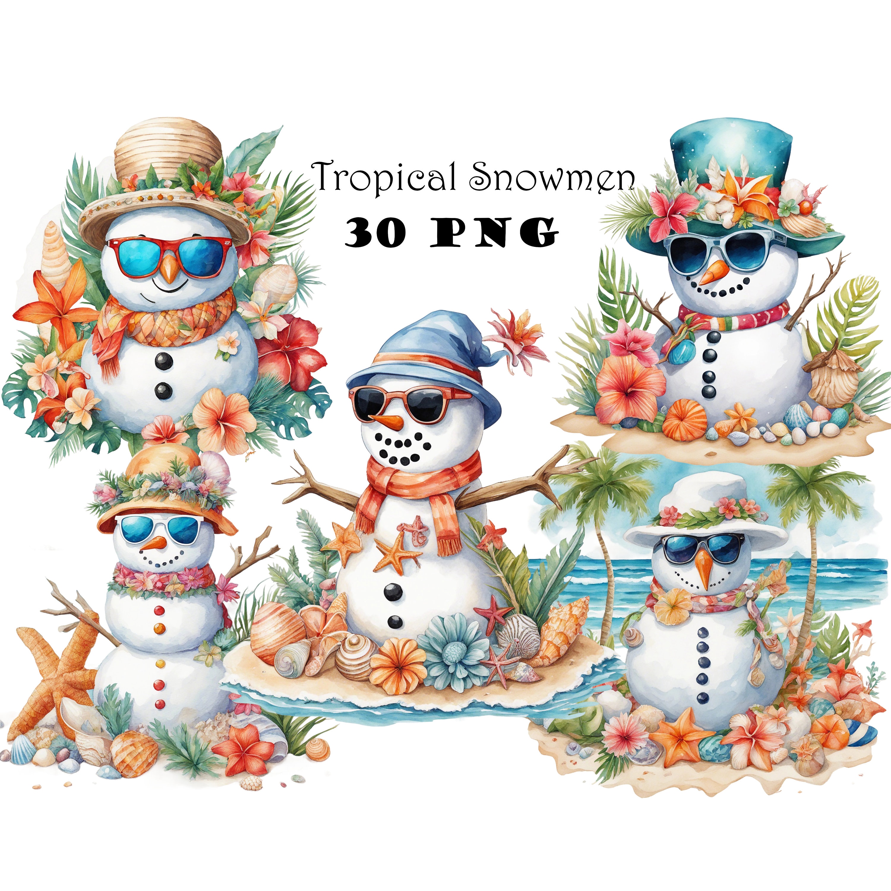 Coastal Tropical Watercolor Snowman Clipart PNG Tropical Winter ...