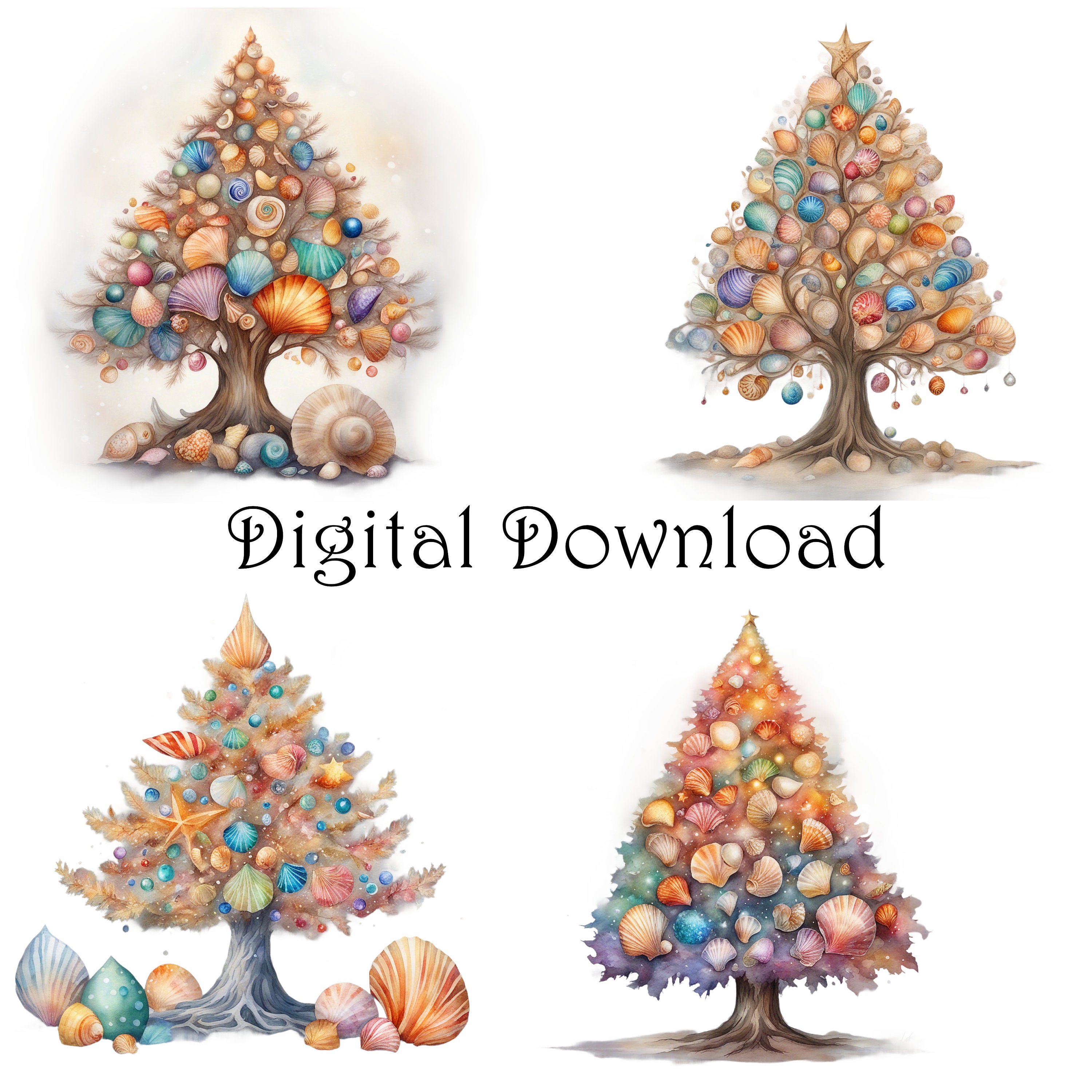 Coastal Christmas Tree Watercolor Clipart PNG Beach Christmas Tree ...