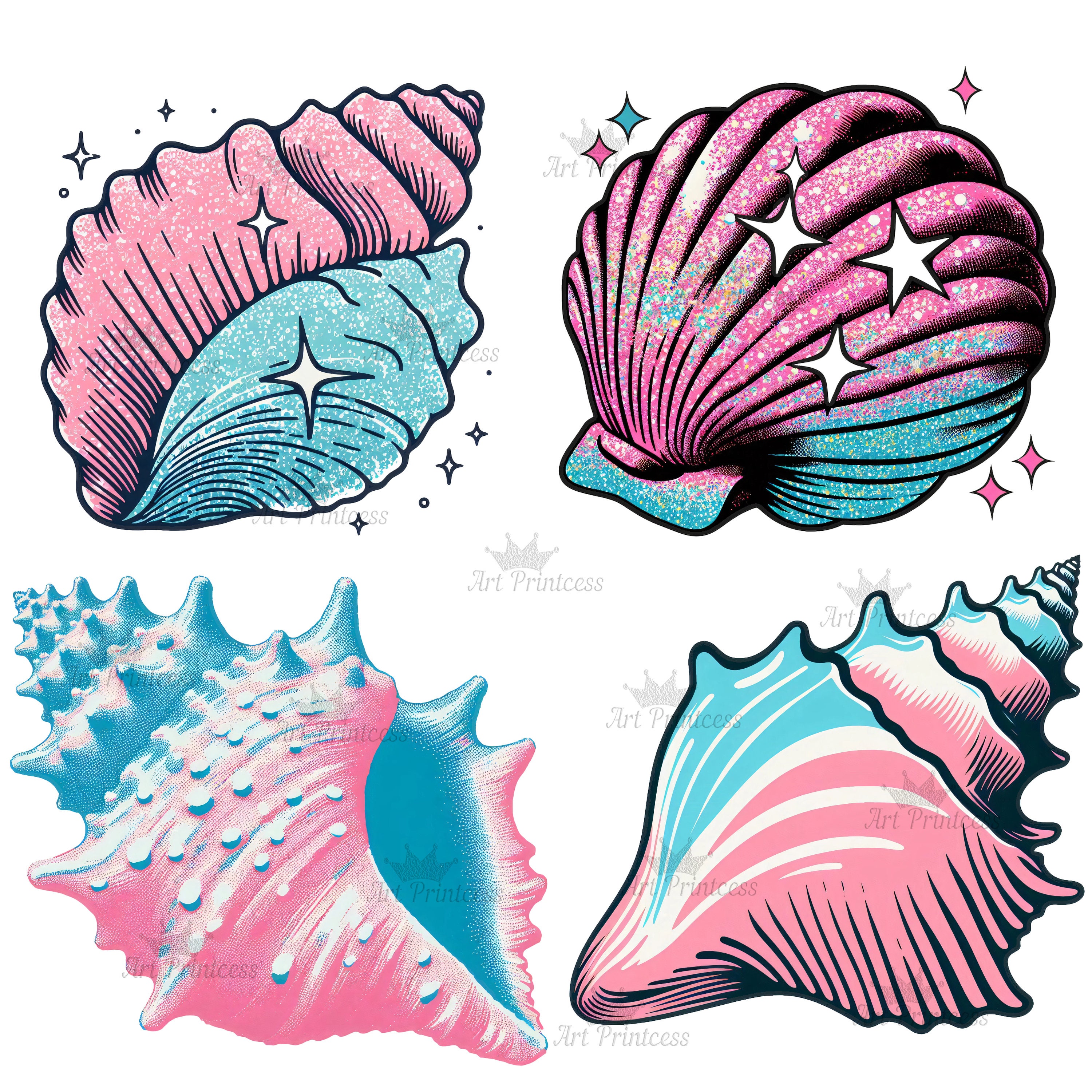 Preppy Seashell Watercolor Clipart PNG Pastel Tropical Glitter Seashell ...