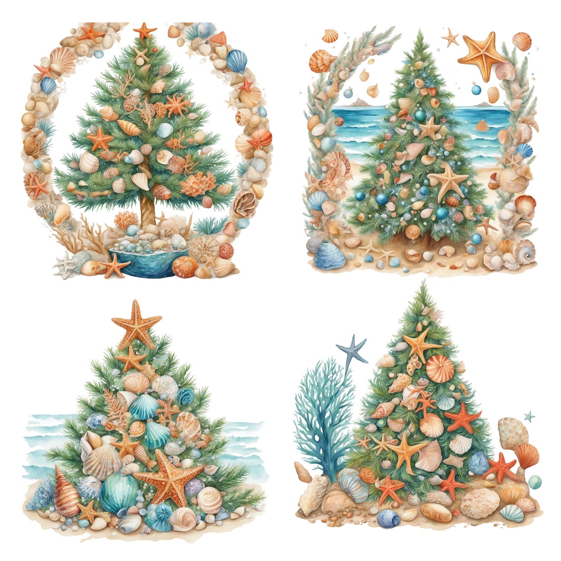 Coastal Christmas Tree Watercolor Clipart PNG Beach Christmas Tree ...