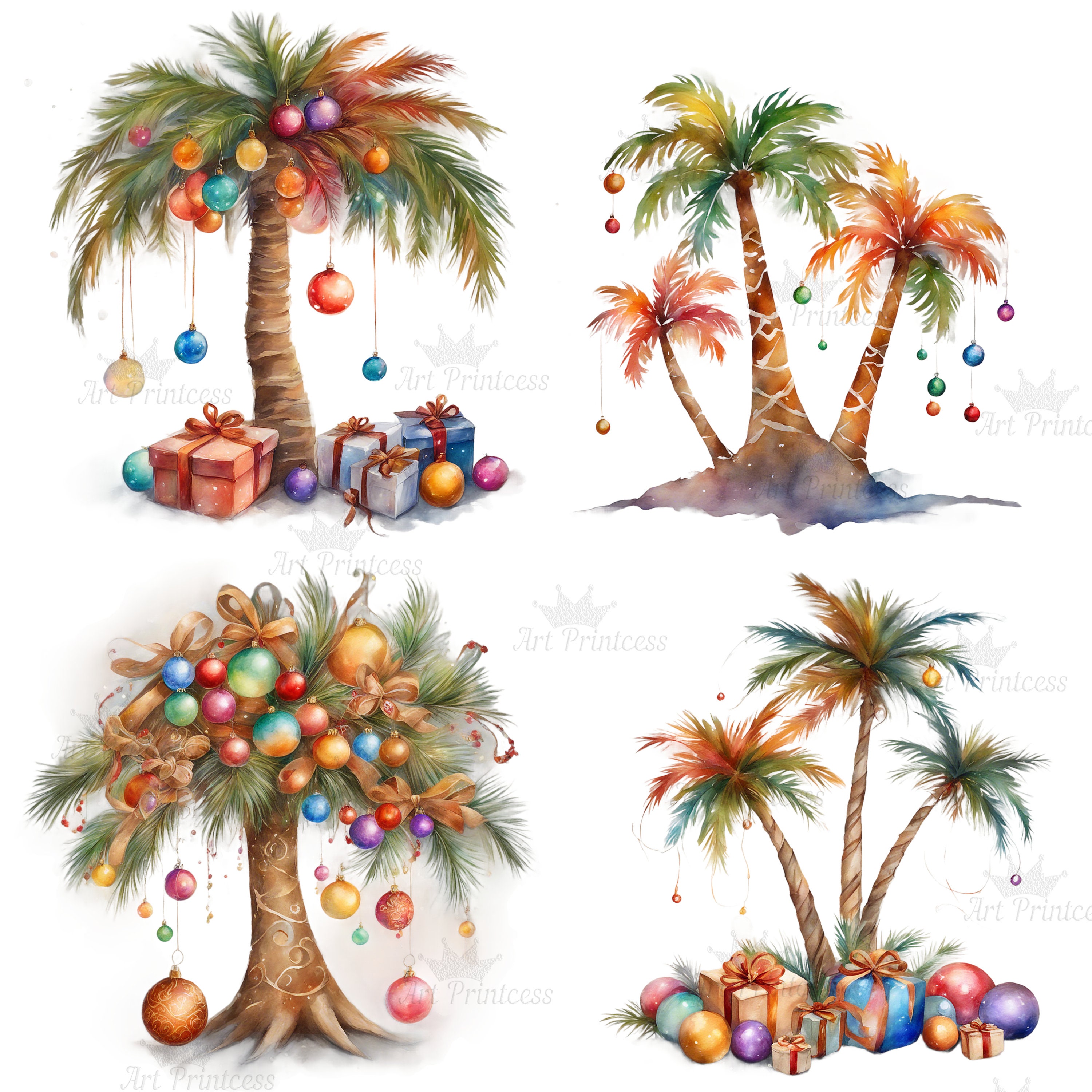 Tropical Christmas Watercolor Palm Tree Clipart PNG Palm Tree Beach ...