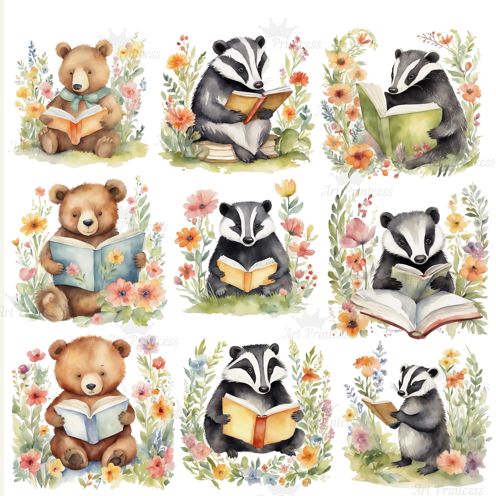 Cute Forest Animals Reading Books Watercolor Clipart Bundle Printable ...