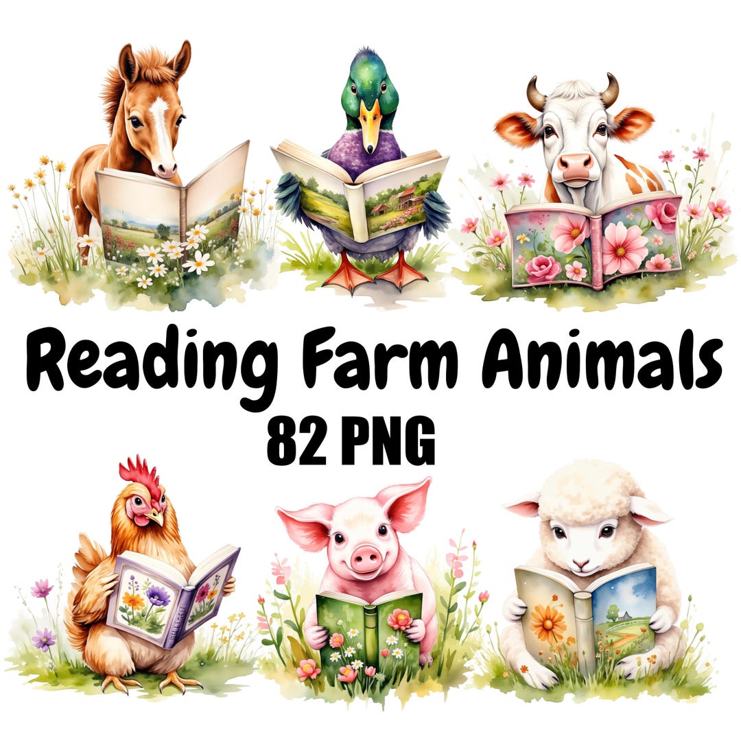 Farm Animals Reading Books Clipart Cute Watercolor Meadow Animals PNG ...