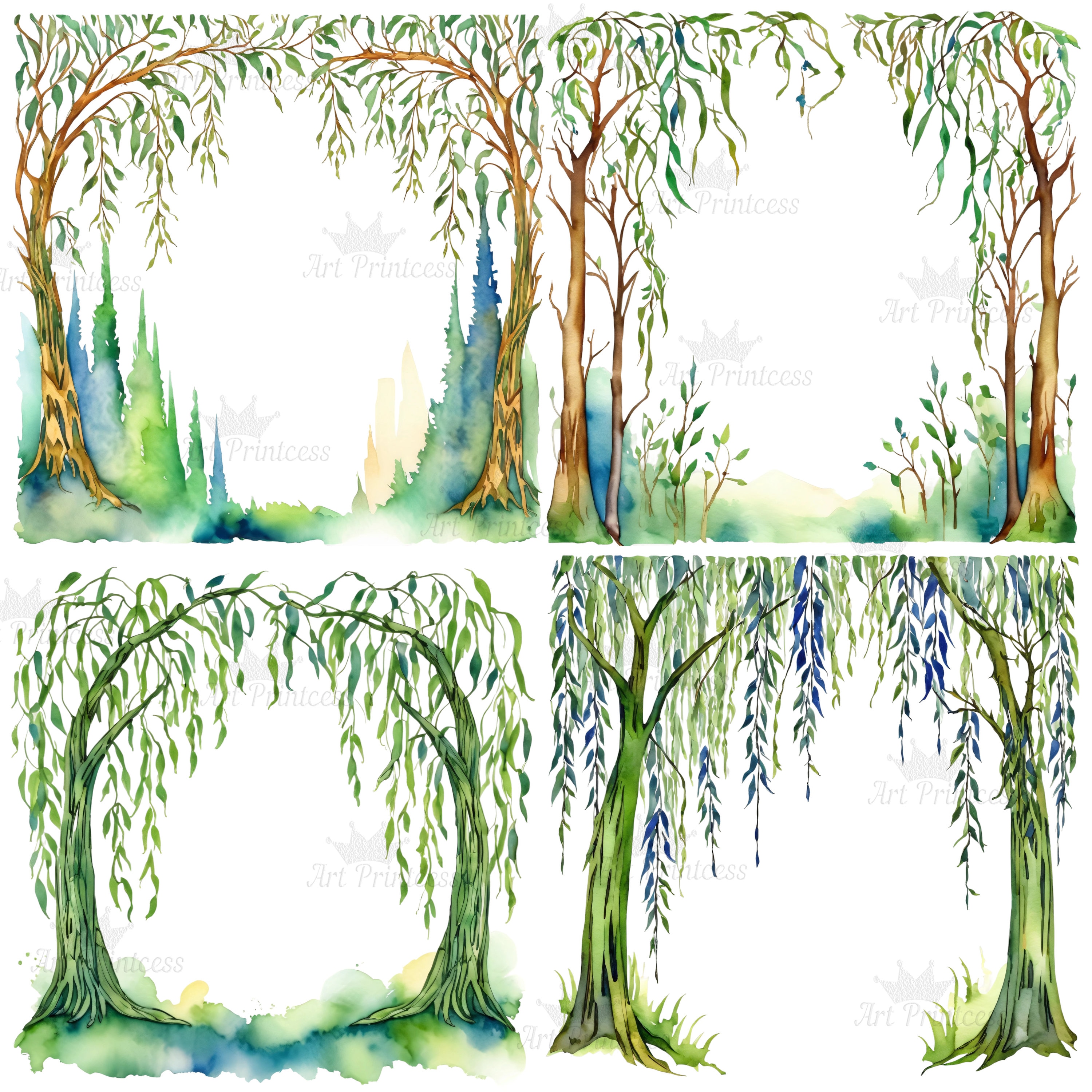 Weeping Willow Tree Border Frame Transparent Background Clipart Bundle ...