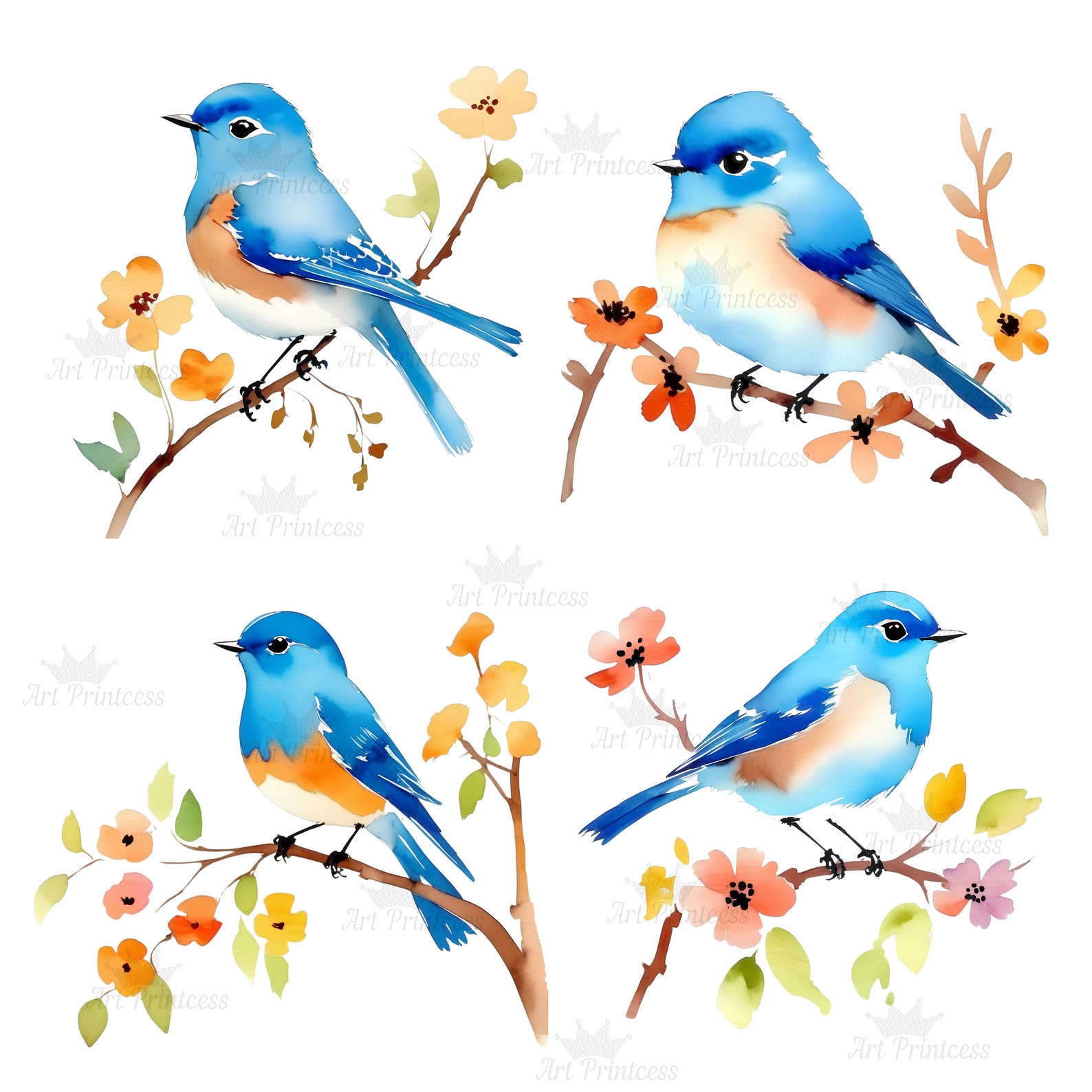 Bluebird Watercolor Gouache Clipart 40 PNG Digital Download Bundle Free ...