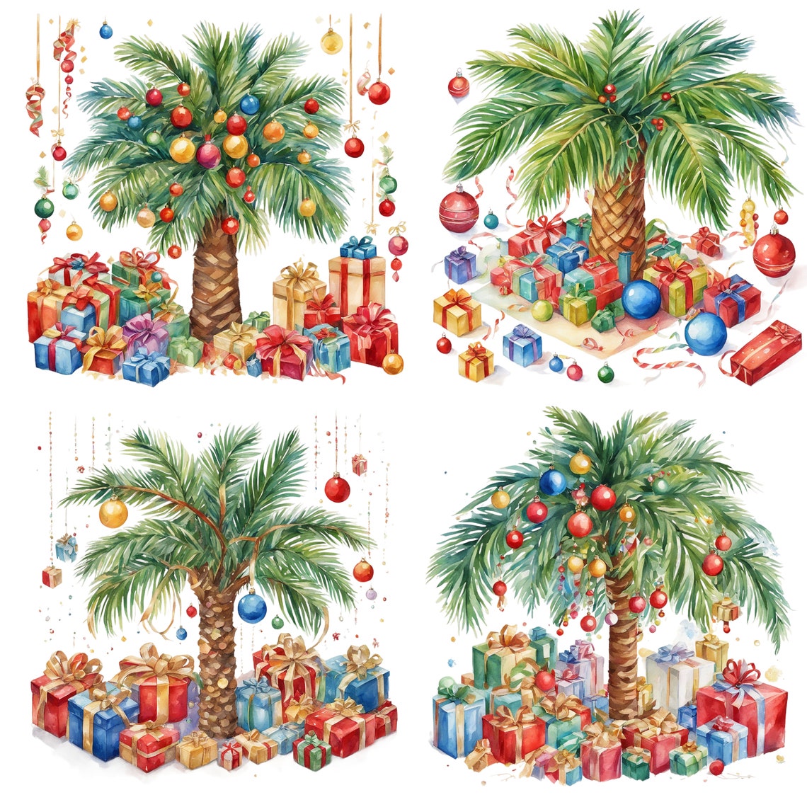 Tropical Christmas Watercolor Palm Tree Clipart PNG Palm Tree Beach ...