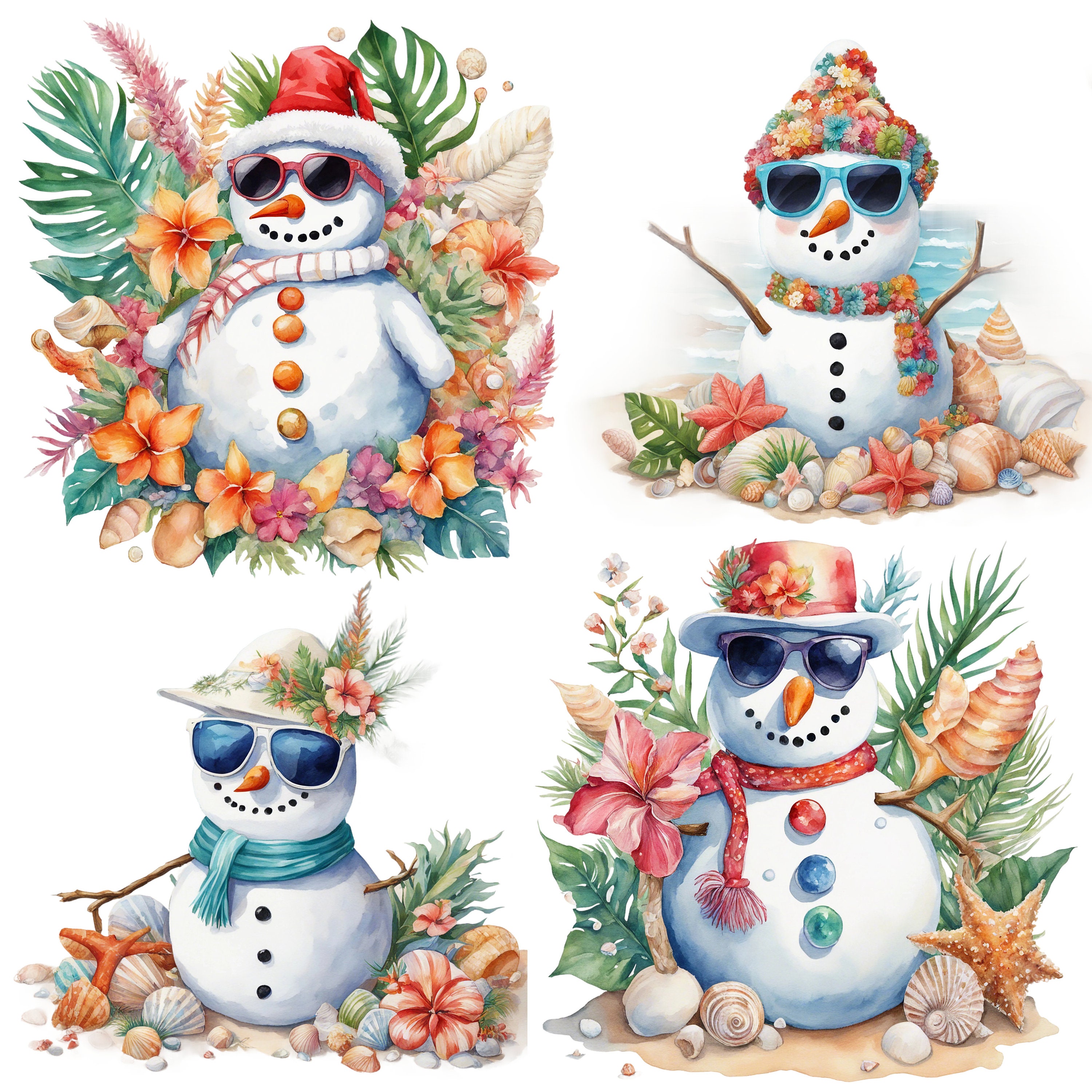 Coastal Tropical Watercolor Snowman Clipart PNG Tropical Winter ...