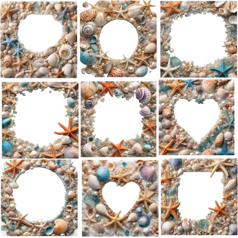 Tropical Seashells Digital Border Frames Clipart PNG Beach Overlays ...