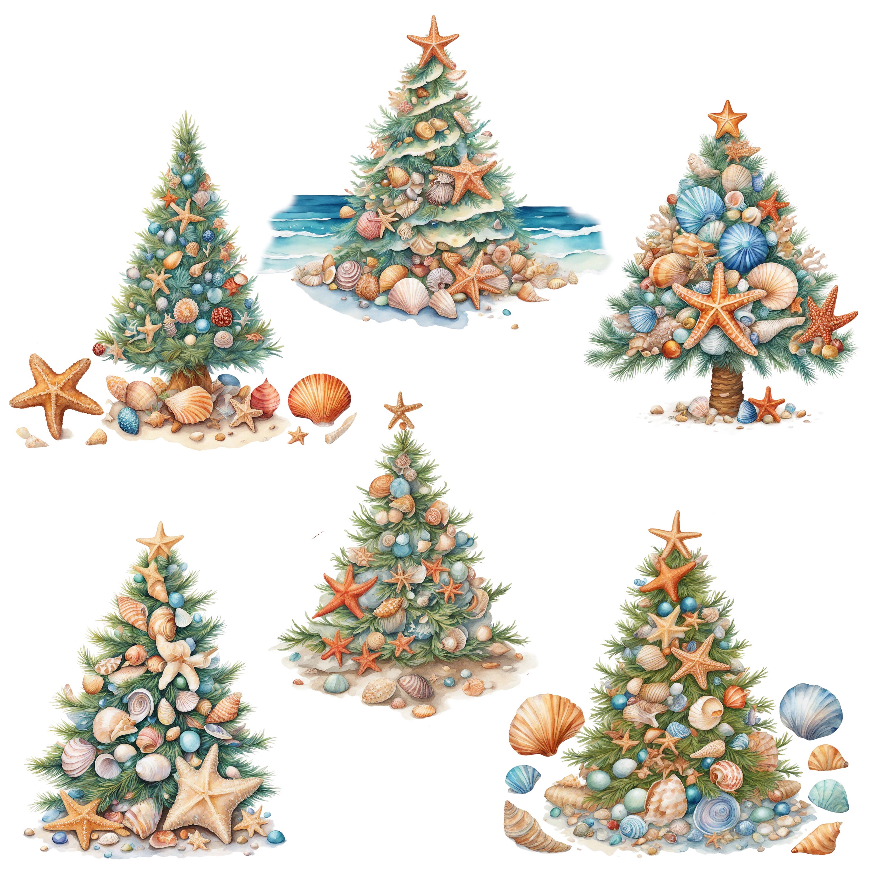 Coastal Christmas Tree Watercolor Clipart PNG Beach Christmas Tree ...