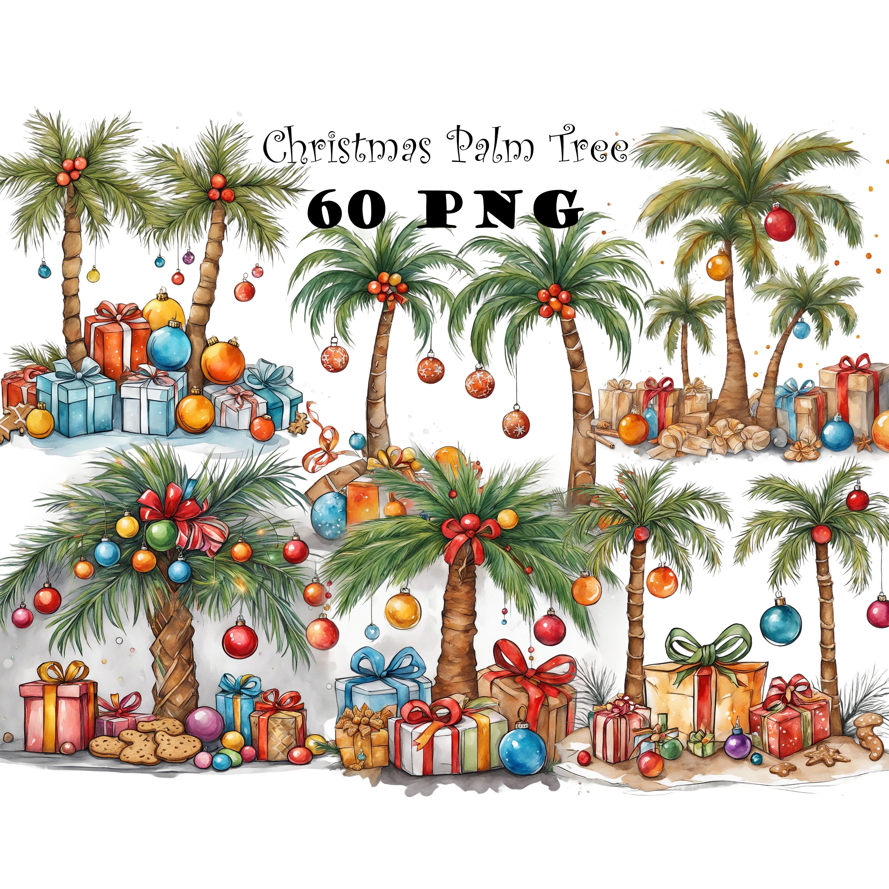 Tropical Christmas Watercolor Palm Tree Clipart PNG Palm Tree Beach ...
