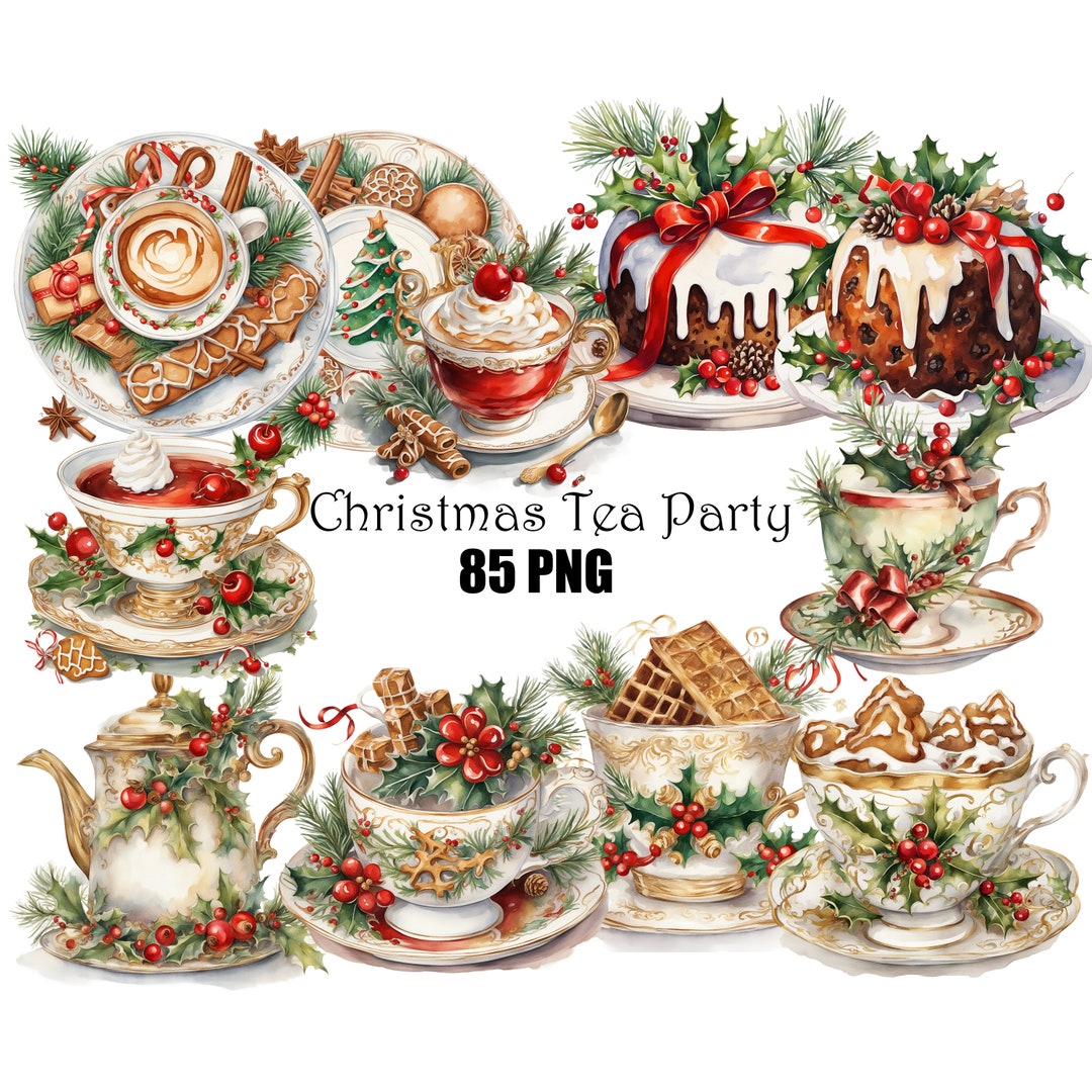 Christmas Tea Party Clip Art Winter Holiday Tea Cups Xmas Tea Pot PNG ...