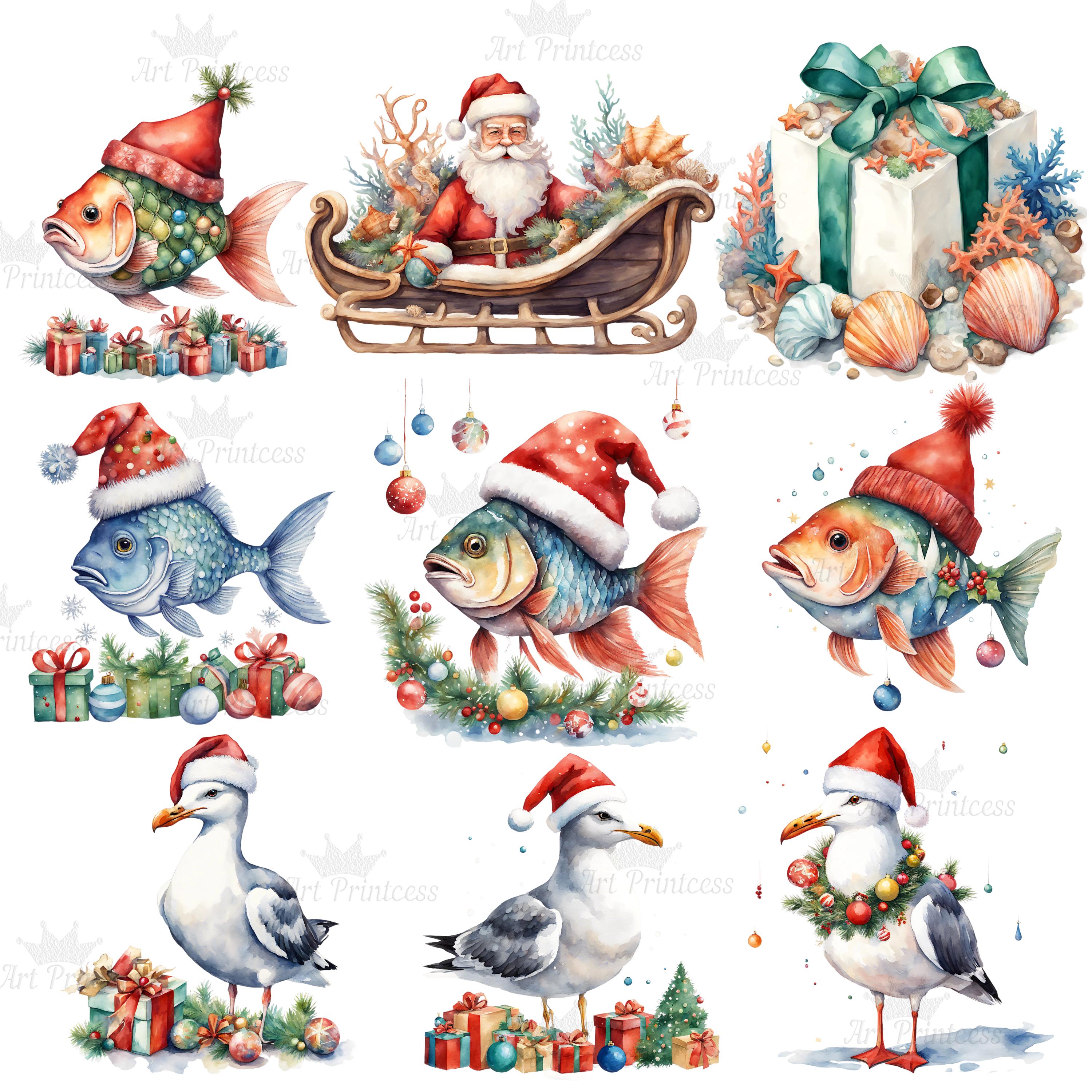 Beach Christmas Coastal Watercolor Clipart Bundle Nautical Christmas ...