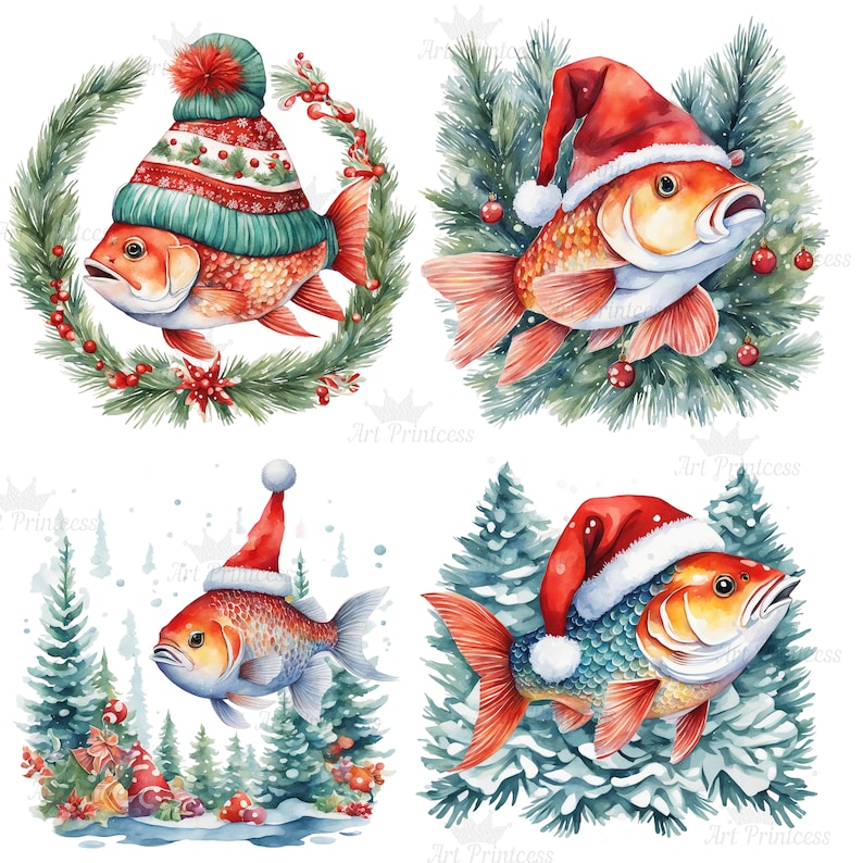 Christmas Fish Clipart PNG Fish in Christmas Hat Clipart Nautical ...