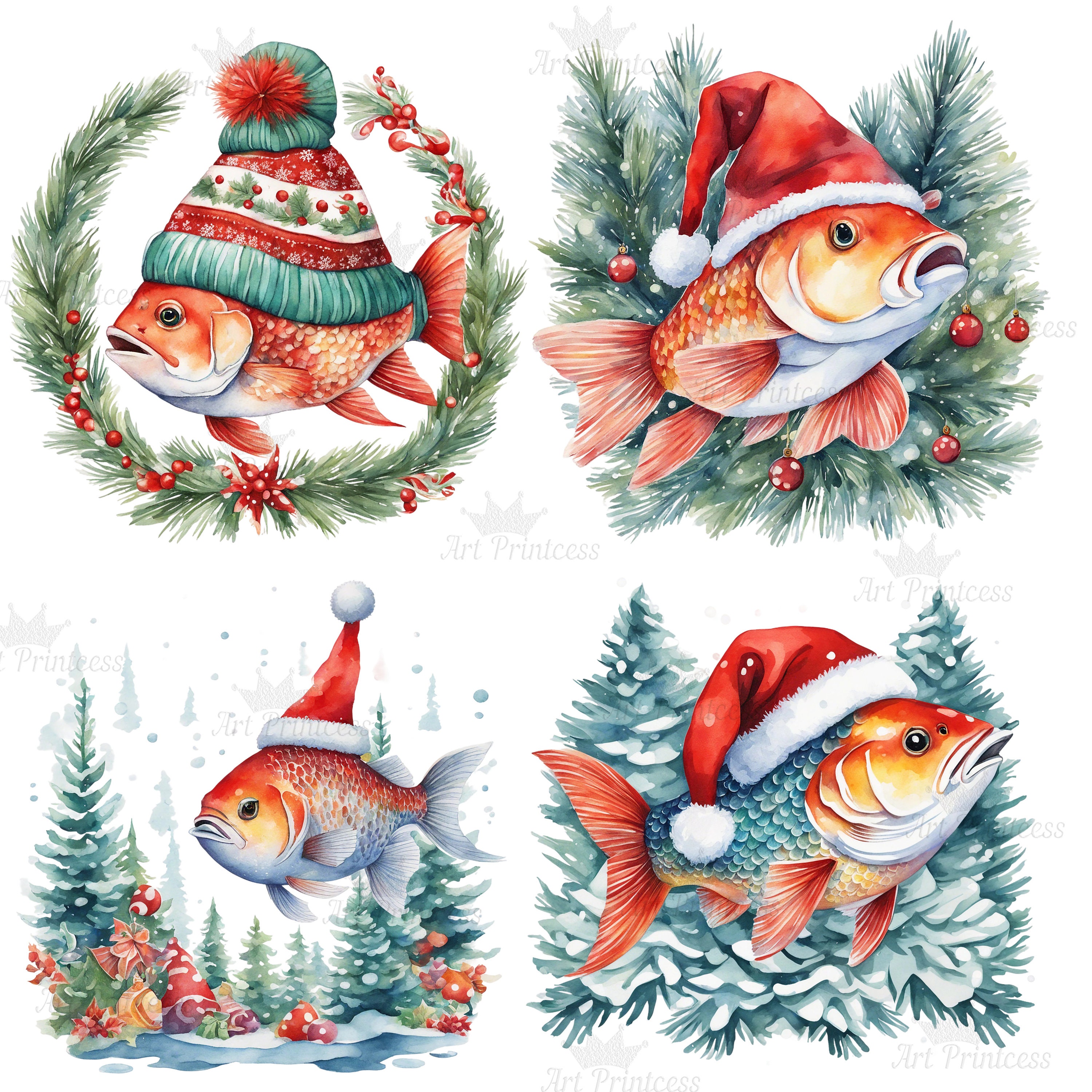 Christmas Fish Clipart PNG Fish in Christmas Hat Clipart Nautical ...