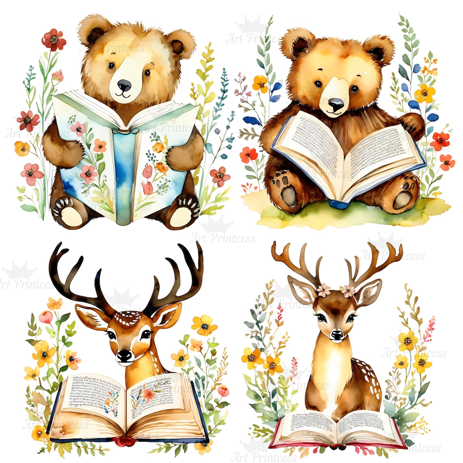 Cute Forest Animals Reading Books Watercolor Clipart Bundle Digital ...