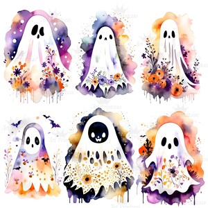 40 Cute Watercolor Floral Halloween Ghost Clipart PNG Abstract ...