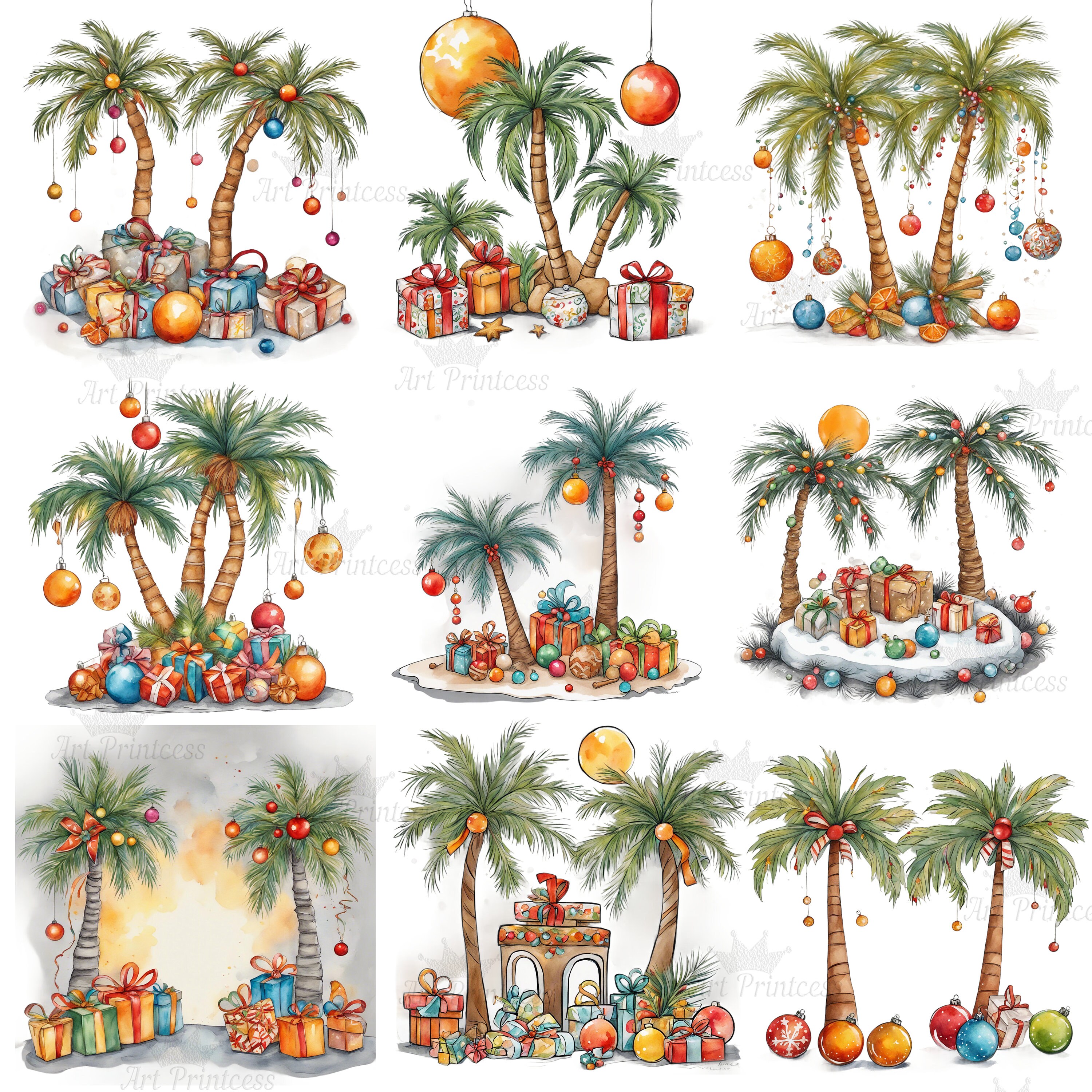 Tropical Christmas Watercolor Palm Tree Clipart PNG Palm Tree Beach ...