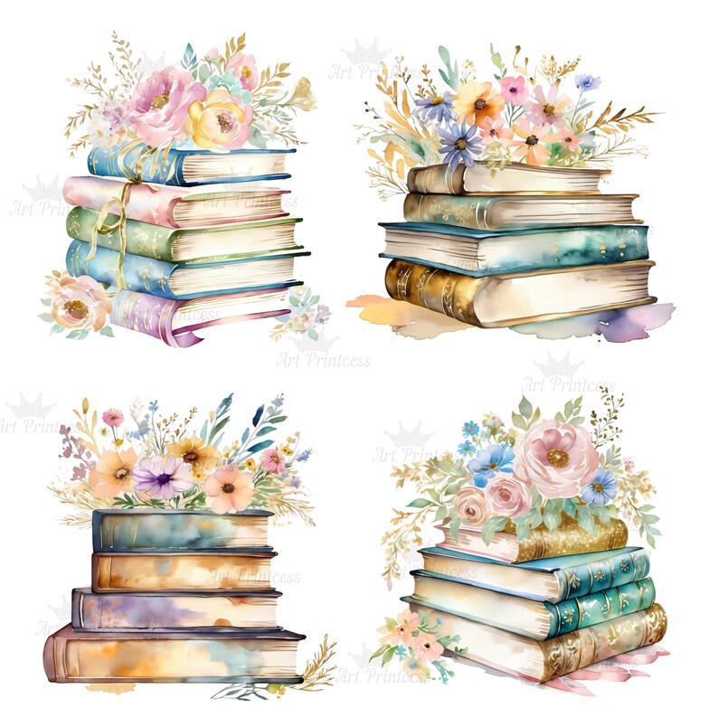 Shabby Chic Pastel Cottage Books Watercolor Clipart Digital Download ...