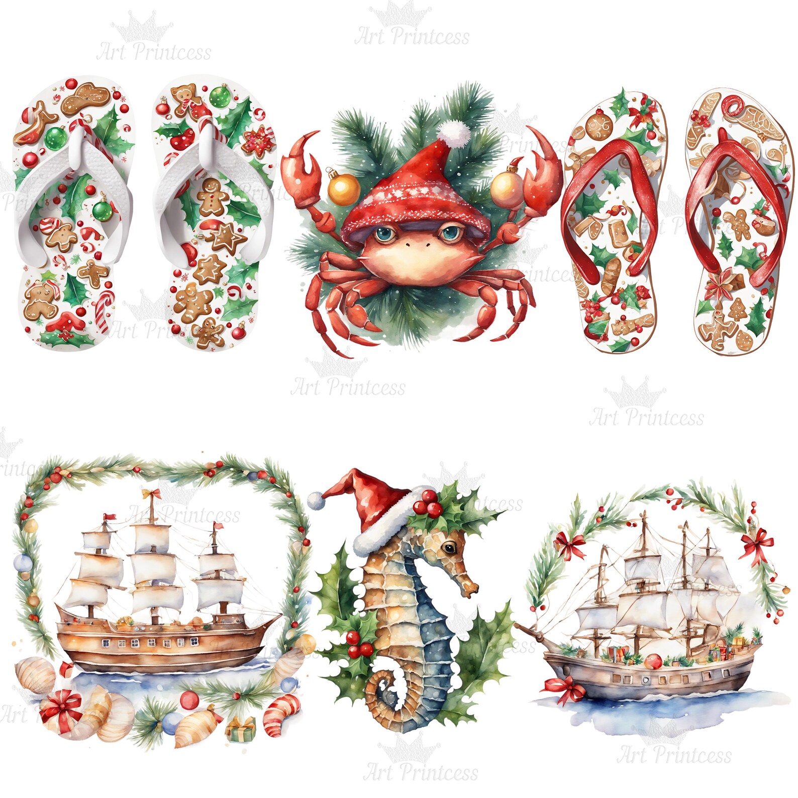 Beach Christmas Coastal Watercolor Clipart Bundle Nautical Christmas ...