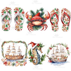 Beach Christmas Coastal Watercolor Clipart Bundle Nautical Christmas ...